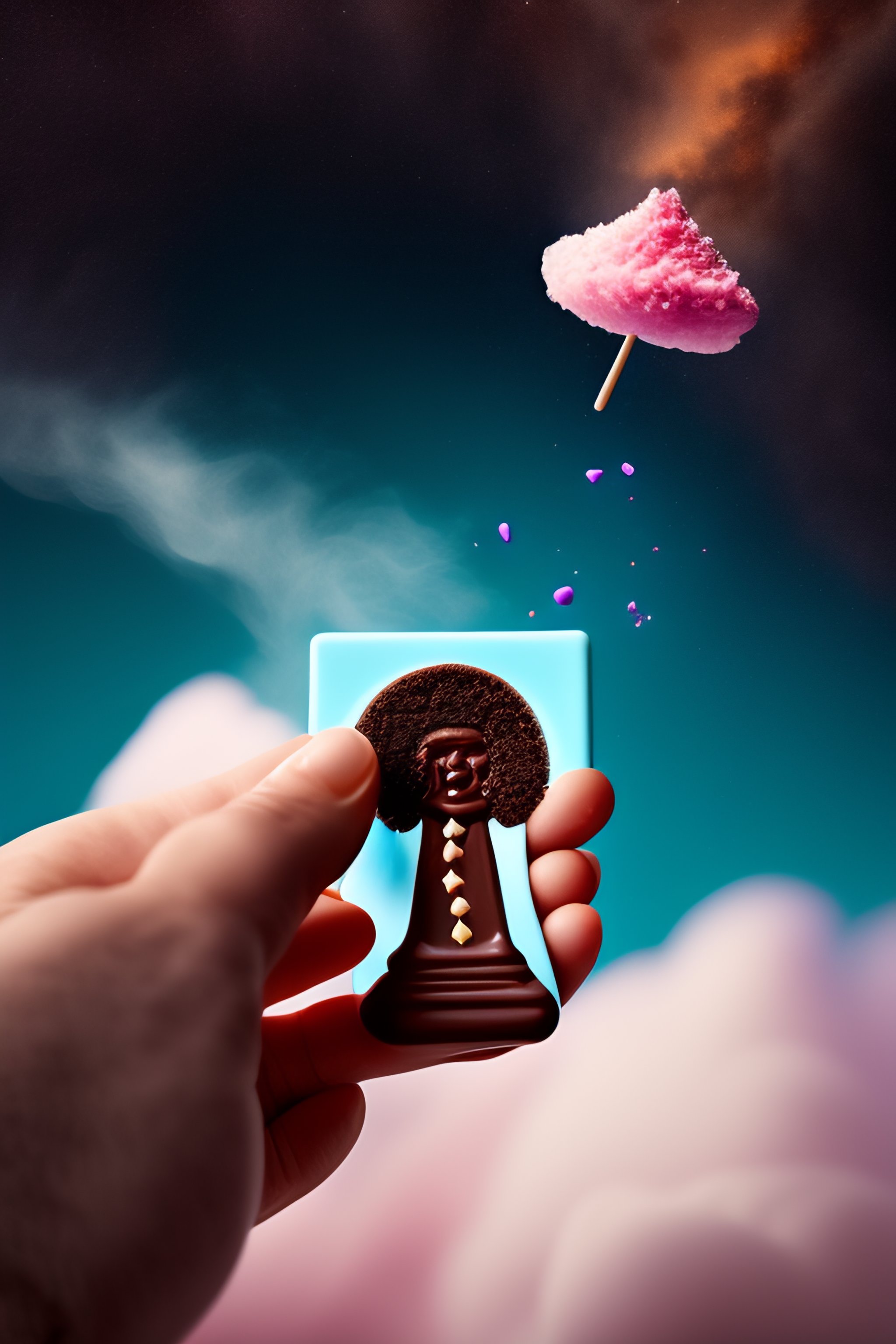 Lexica - Man made out of chocolate shooting a chocolate bar at an angel ...