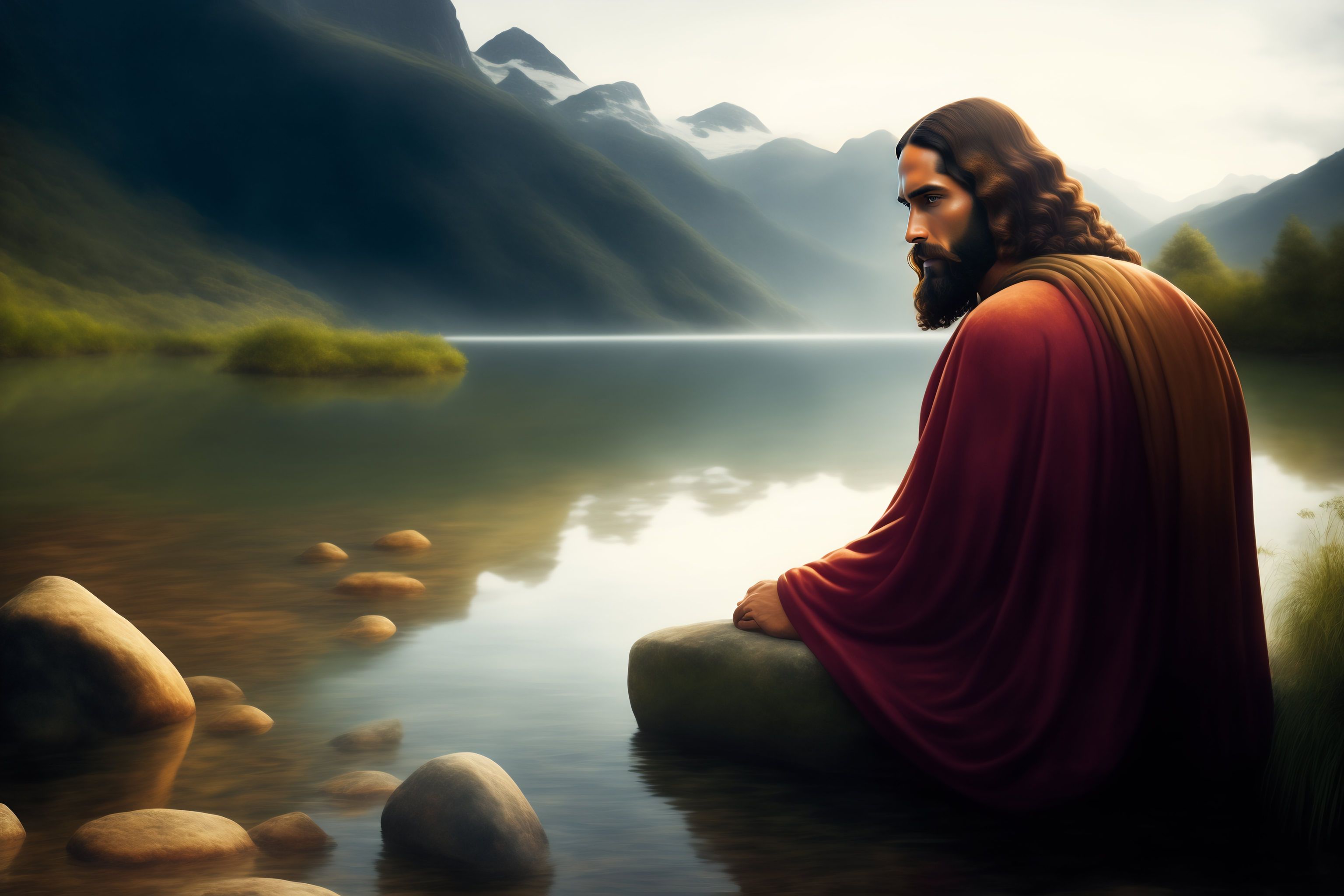 Lexica - A photograph of Jesus Christ sitting on the banks of a river ...