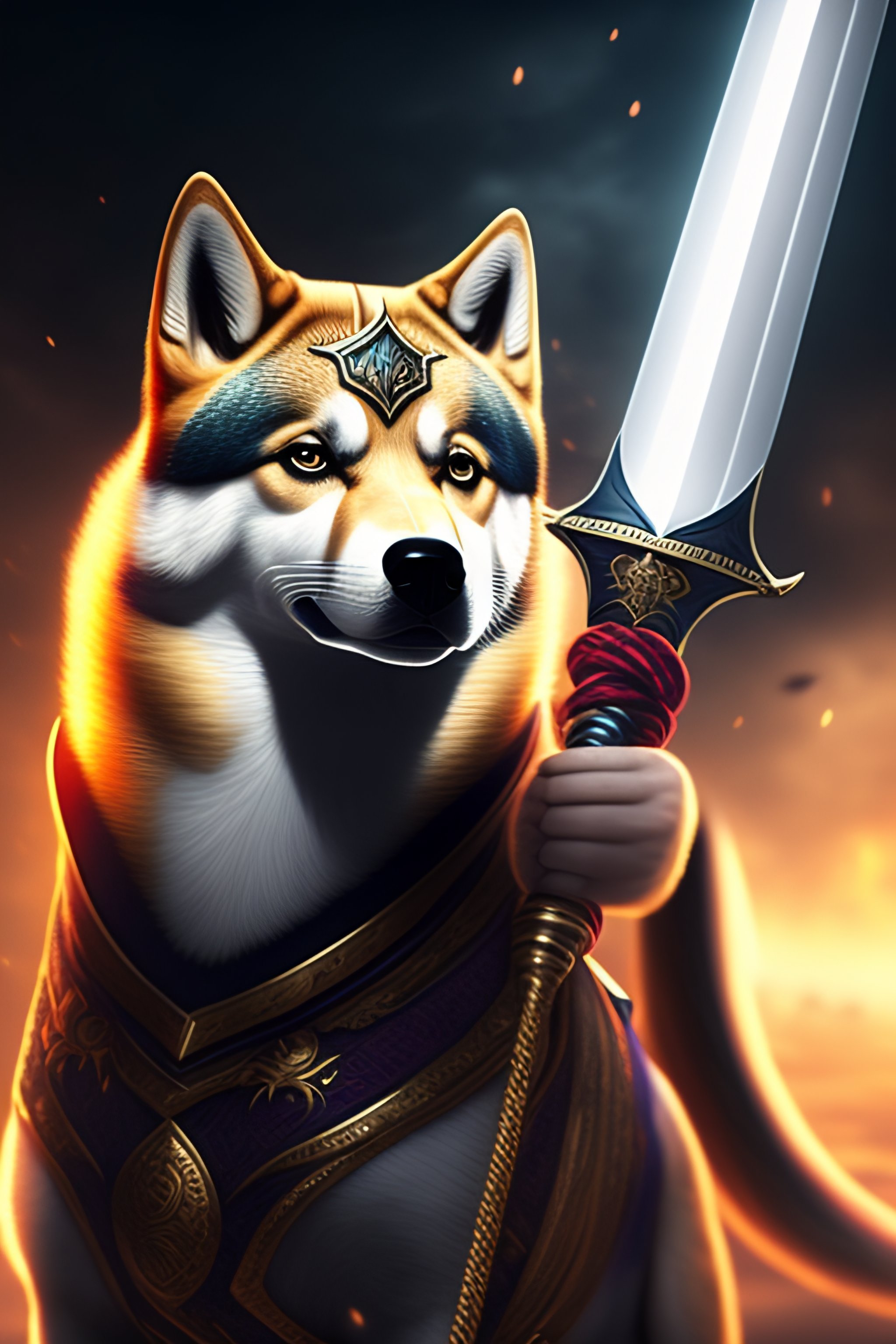 Lexica - A Doge Warrior holding a magic sword.
