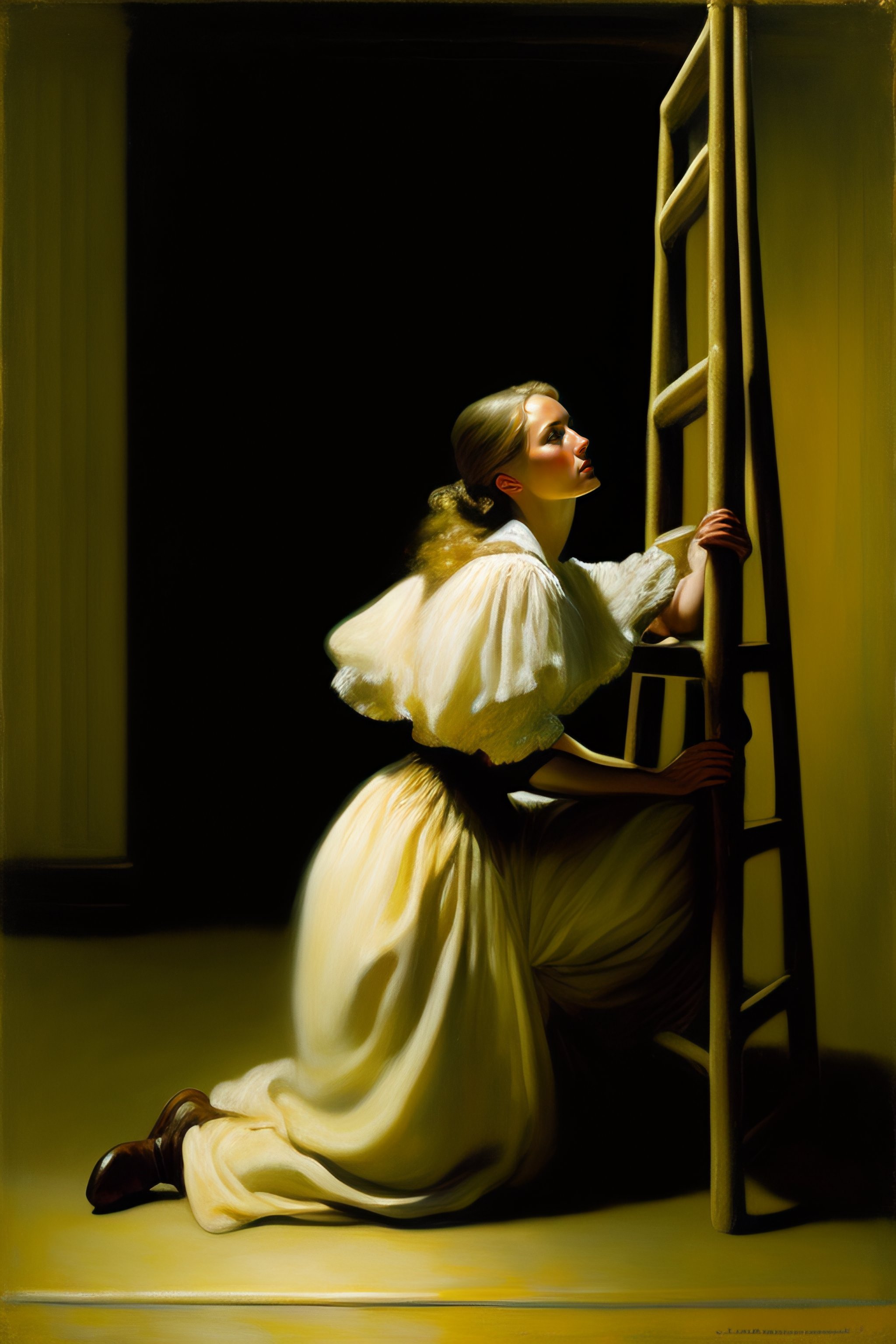 Lexica - Woman kneeling next to a ladder dynamic pose, dramatic ...