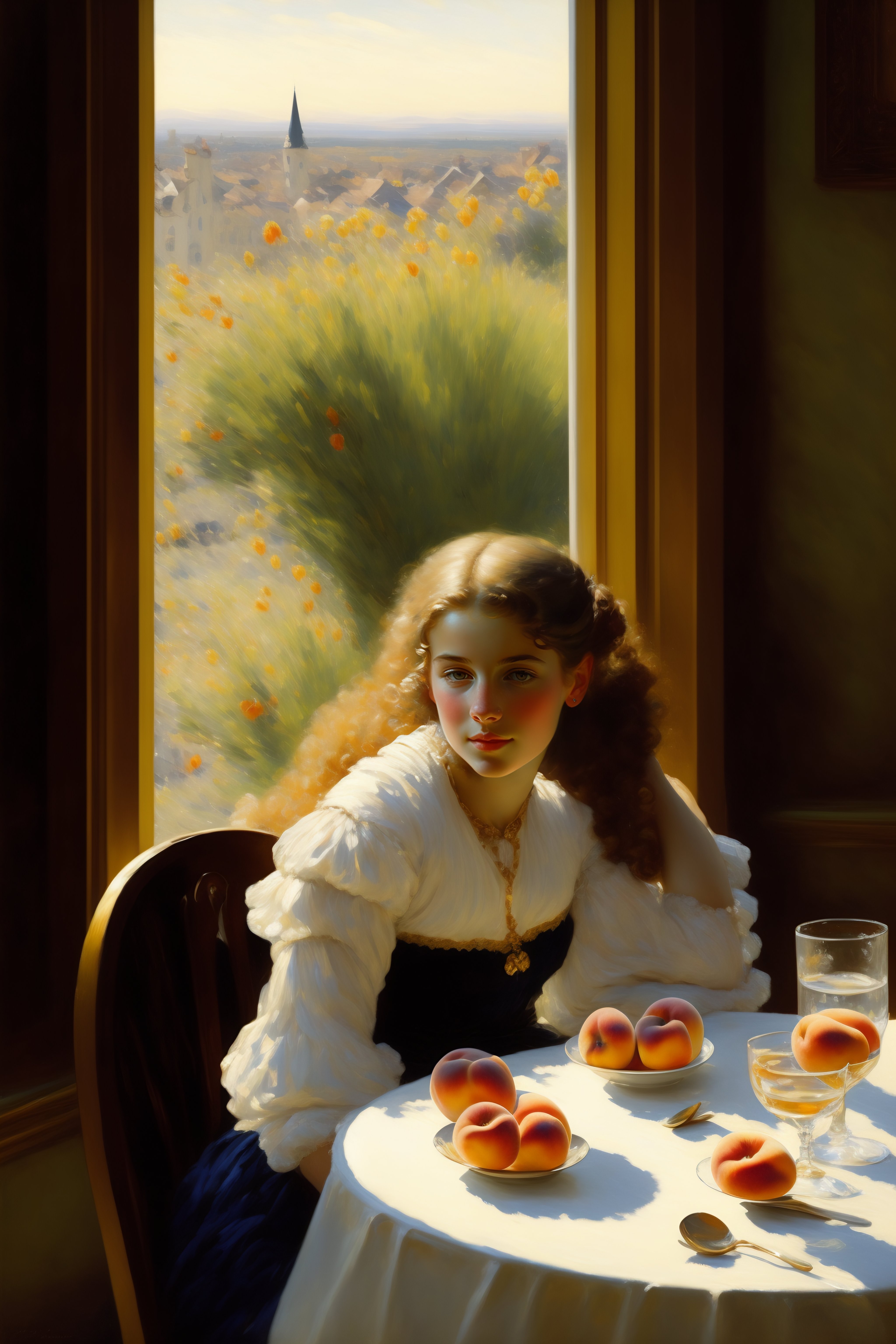 Lexica A Girl Sitting At A Table With Two Peaches On It Near A Window