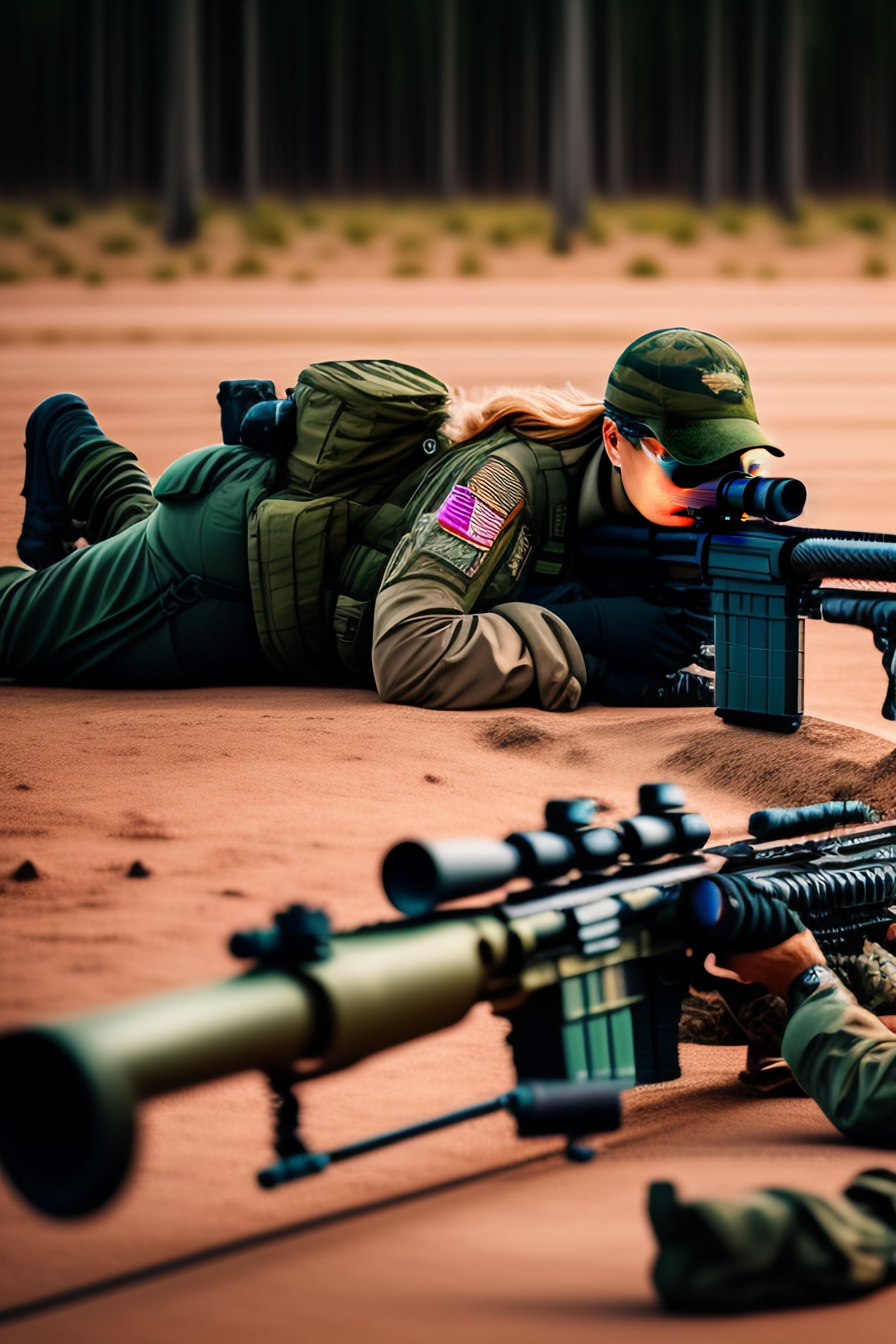 Lexica - Full frame, fit female sniper lying flat on the ground legs ...