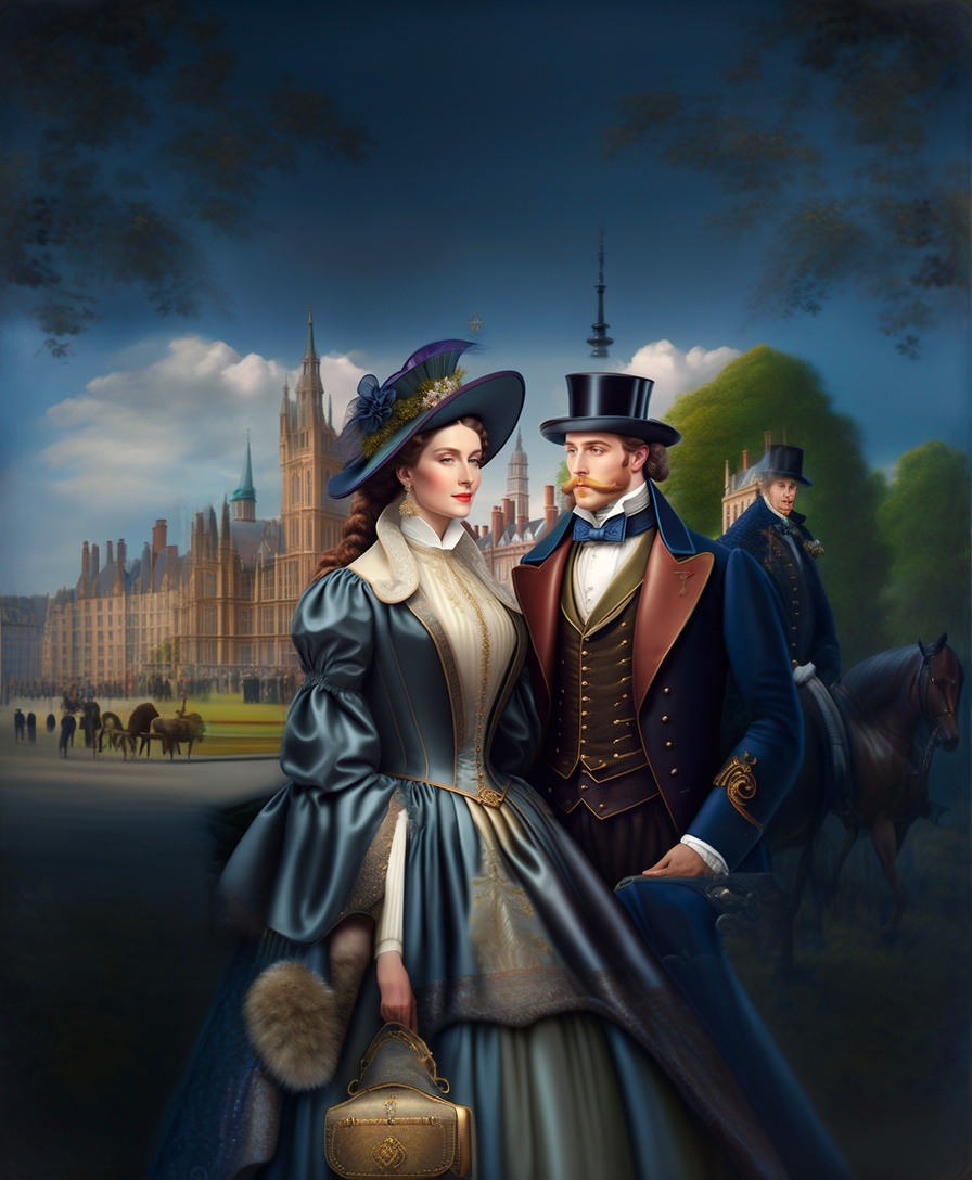 Lexica - Poster with lady and gentleman walk around the square in ...