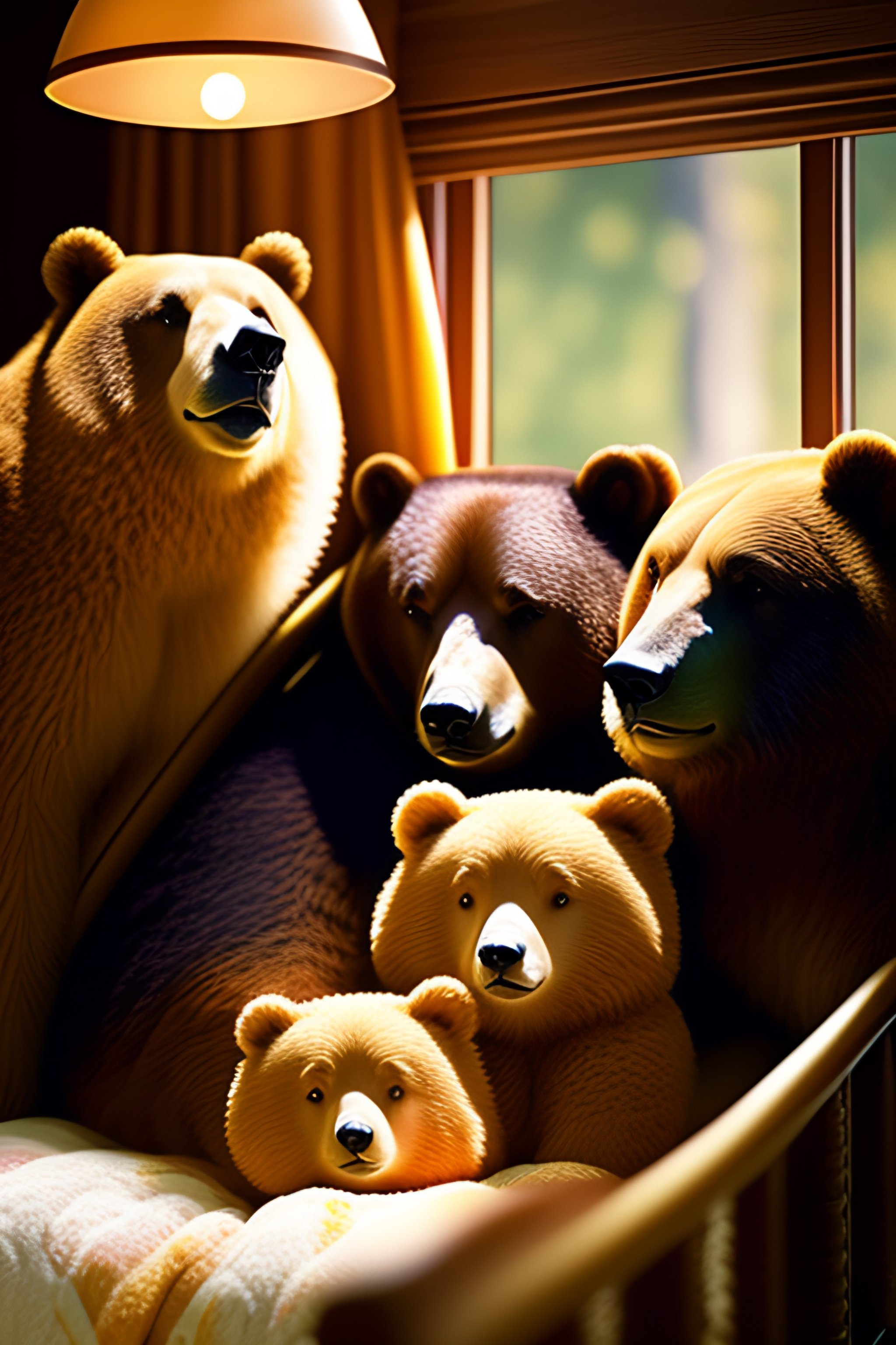 Lexica - Goldilocks waking up from a nap and seeing the three bears