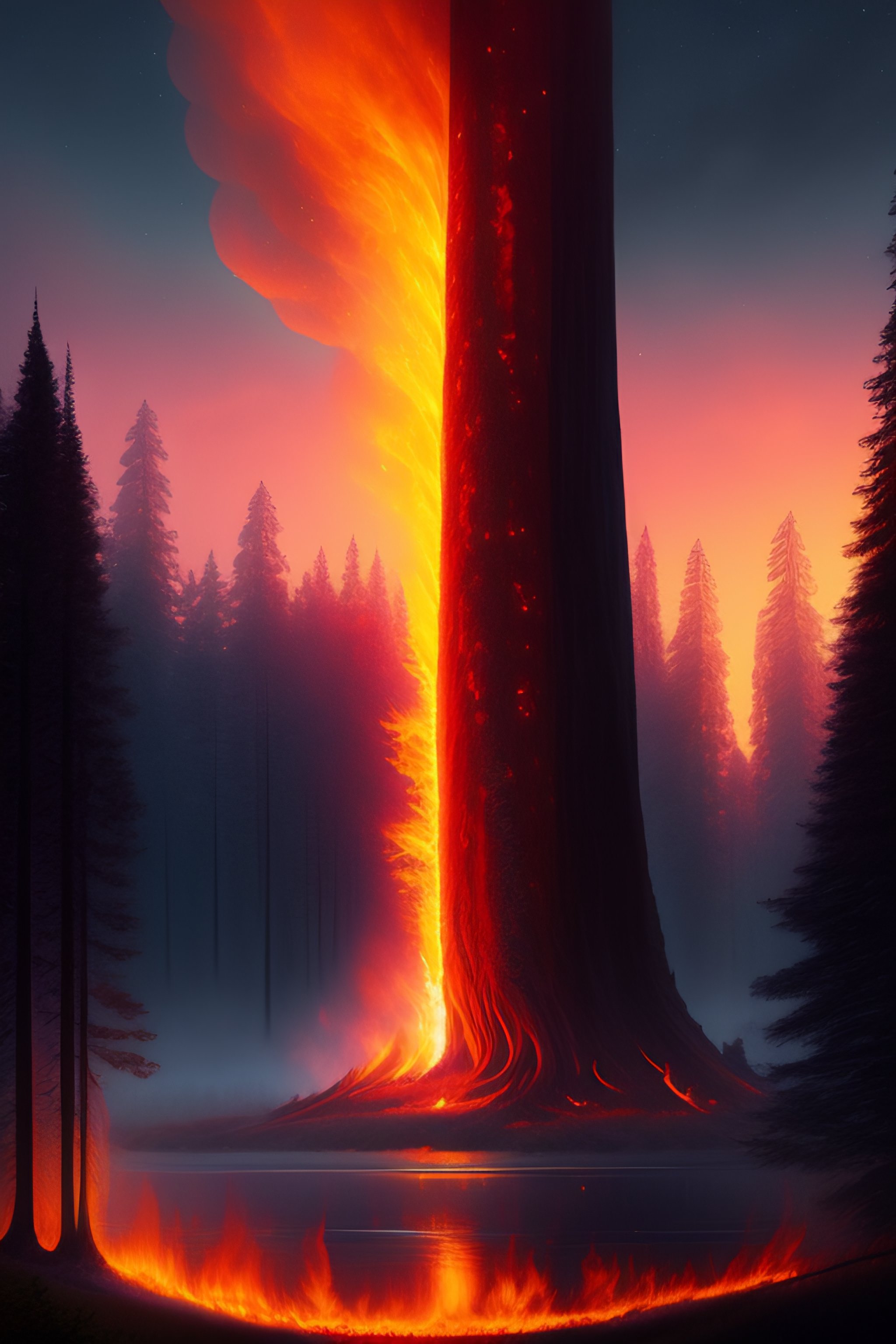 Lexica - Giant redwood on fire, concept art, highly detailed, cosmic horror