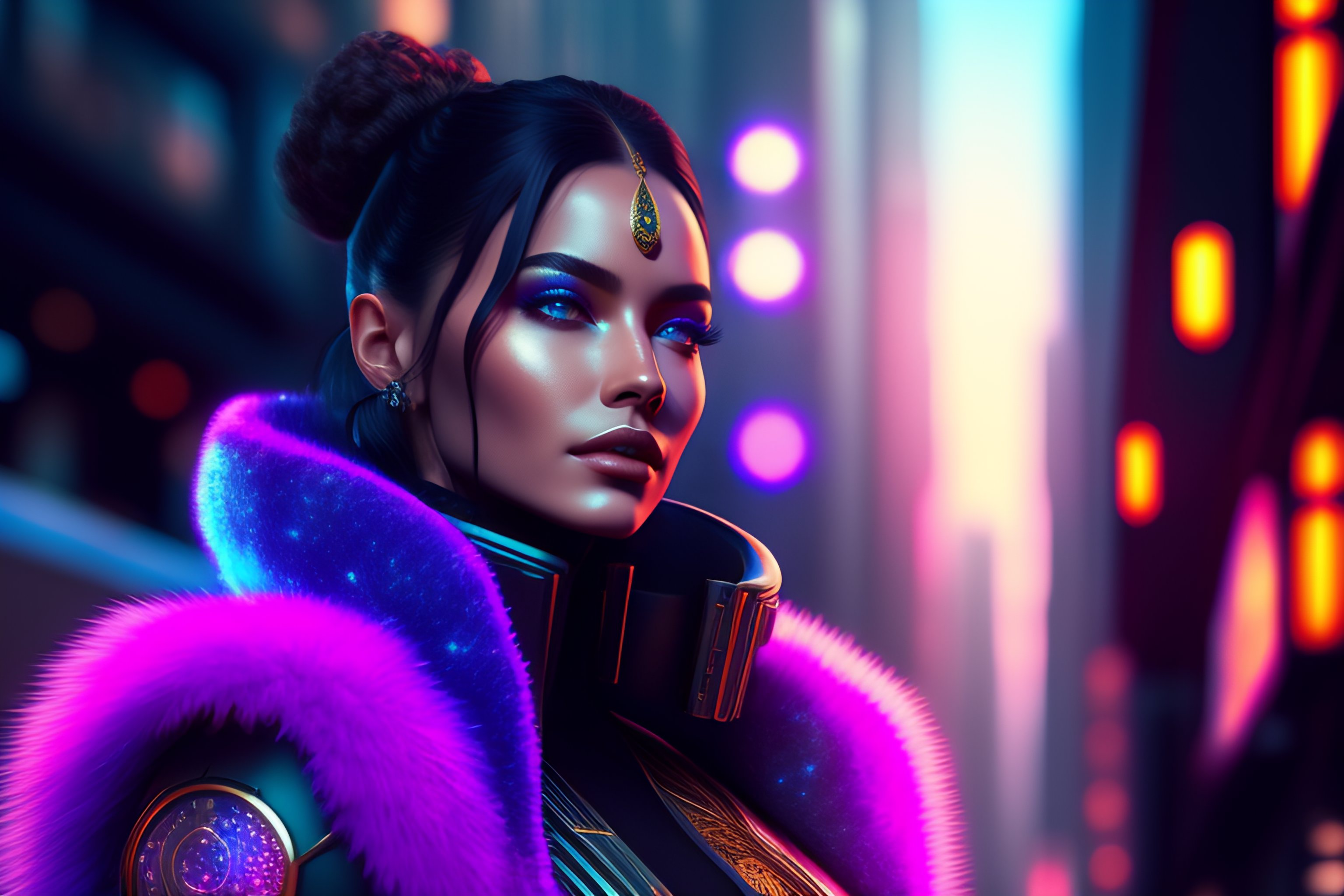 Lexica - Beautiful sci-fi girl from future wearing furry coat pink blue ...