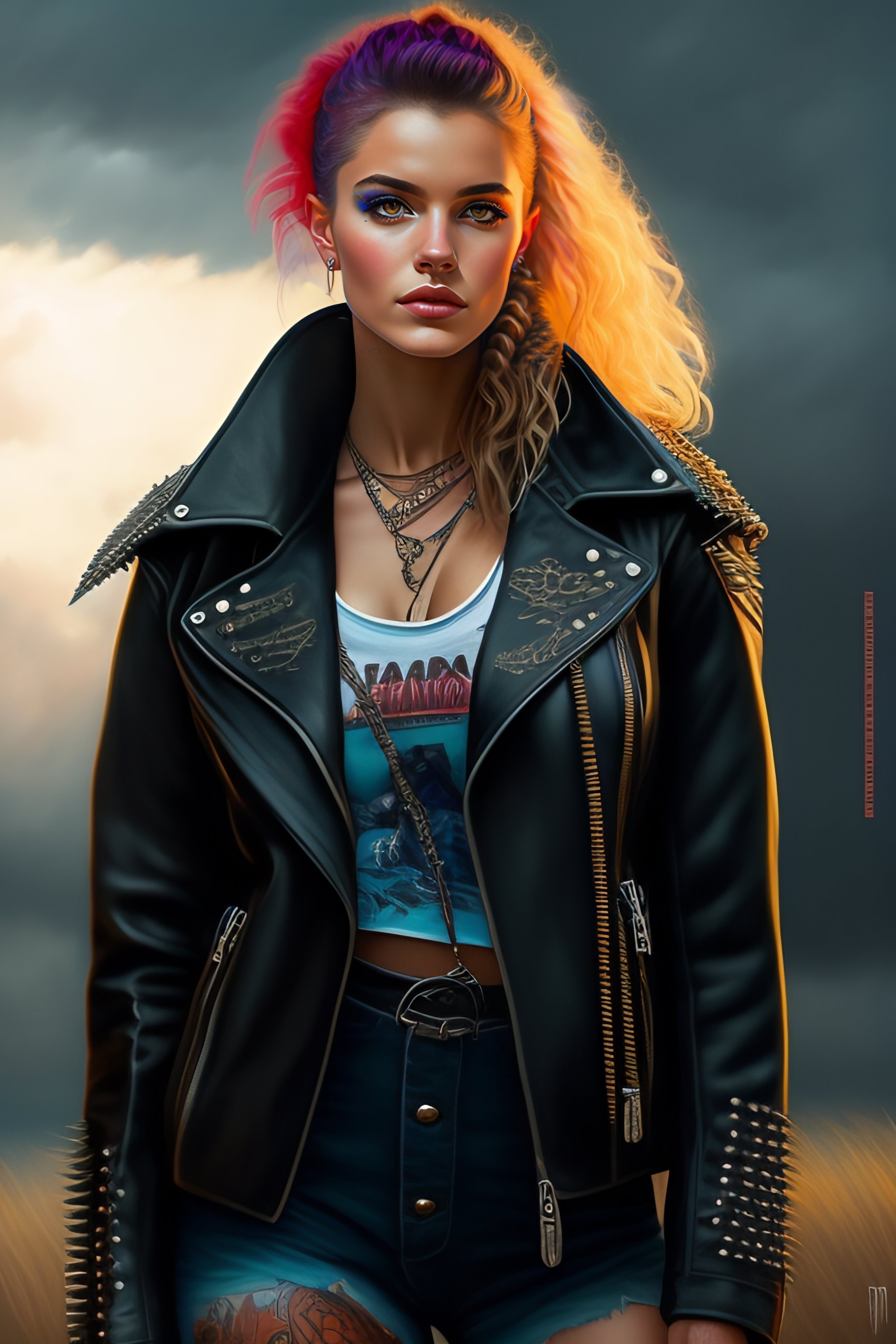 Lexica - Cute punk rock girl, mad max jacket, renaissance, cables on ...
