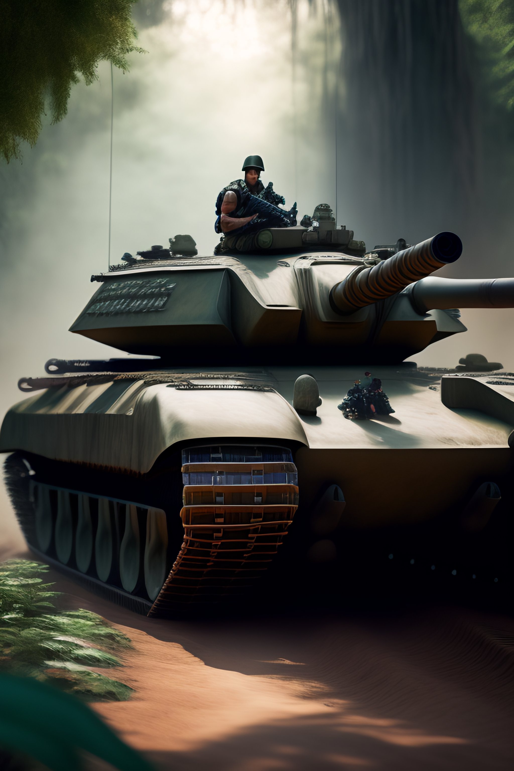 Lexica - Action shot of john rambo on a tank in a jungle, cinematic ...