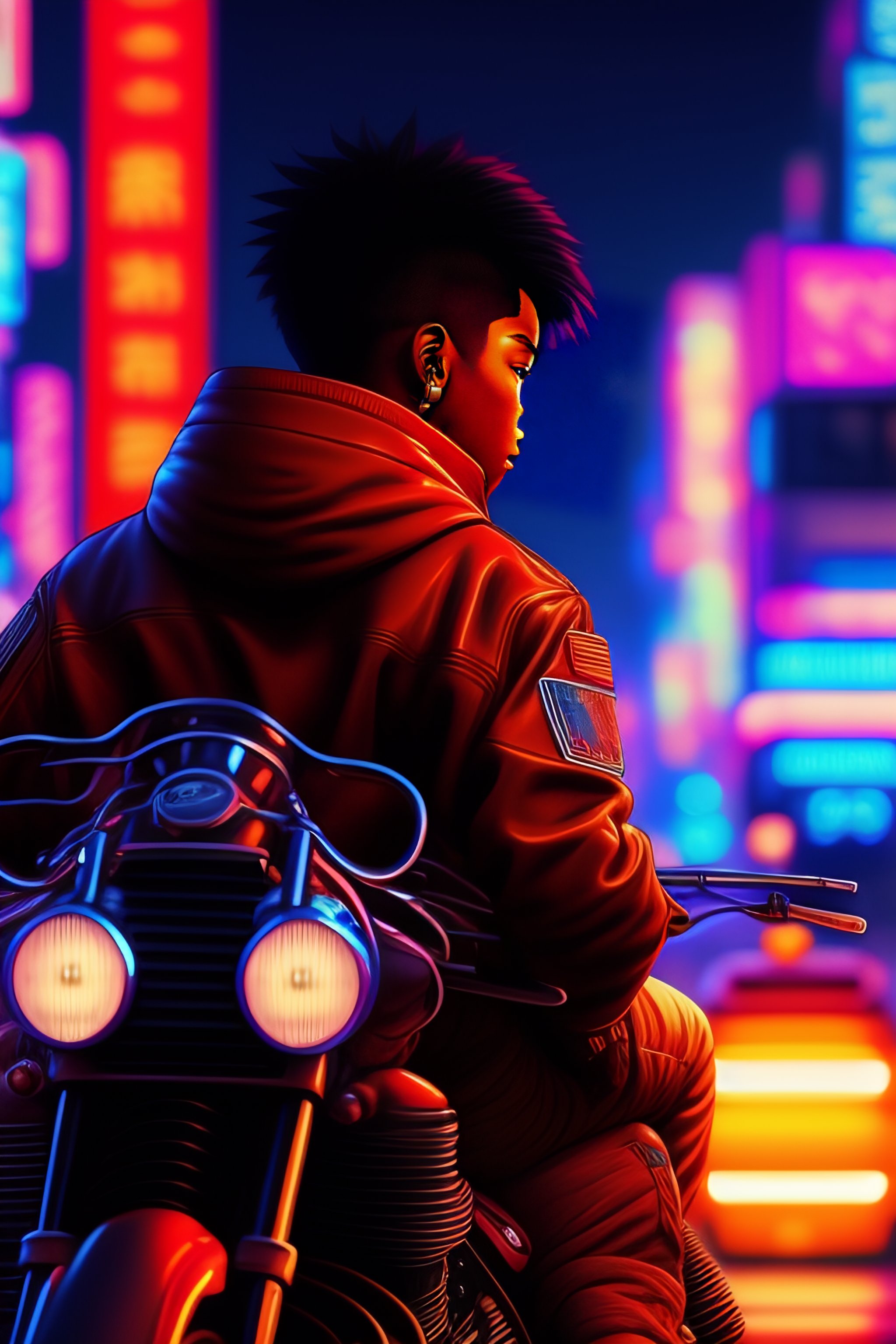 Lexica - Kaneda on his motorcycle in neo tokyo looking for akira, night ...
