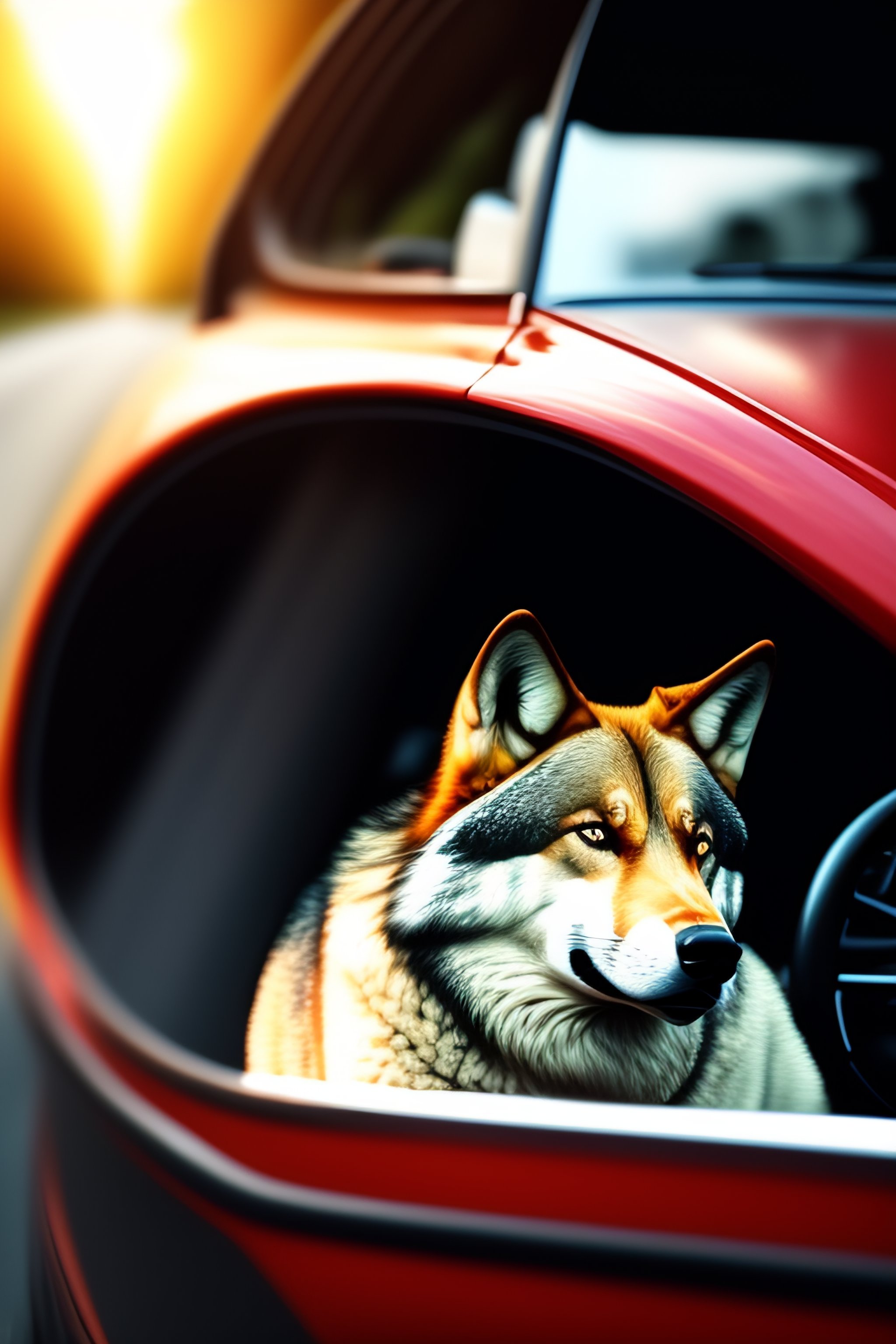 Lexica - A humanized caricature wolf driving inside a car,