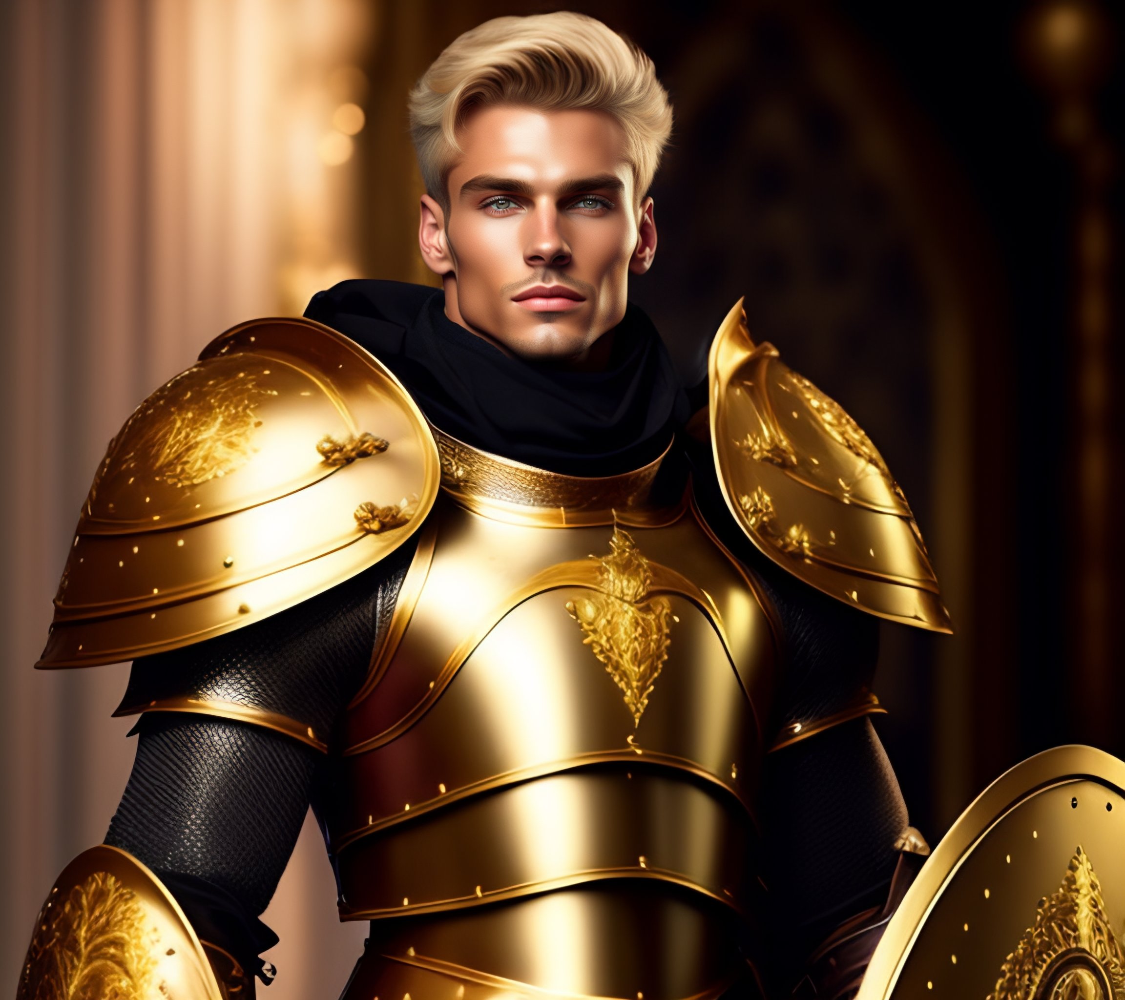 Lexica - Feminine Male knight wearing golden armor slim waist hands on ...