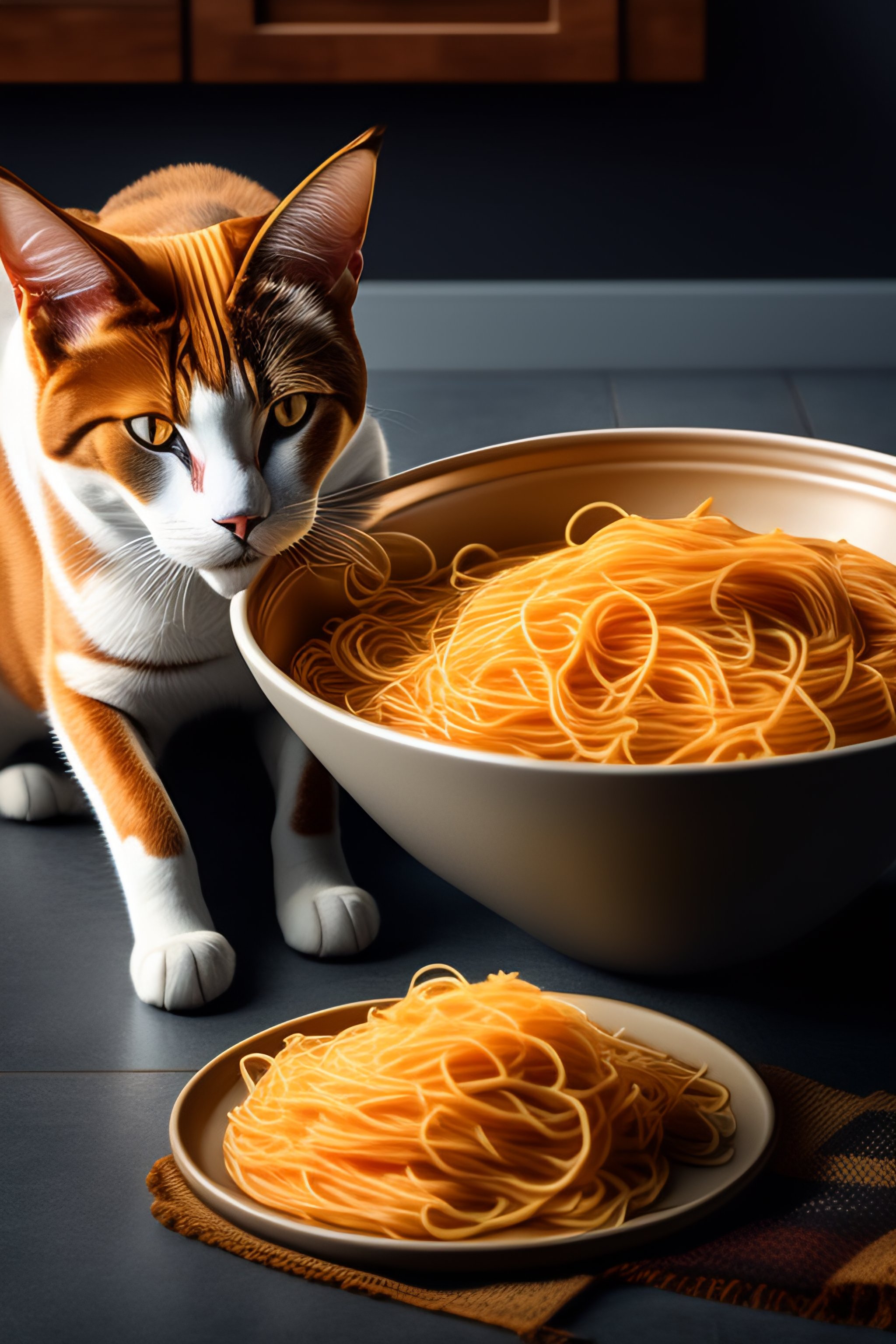 Lexica - Brown Sheppard dog and gray cat are eating spaghetti from the ...