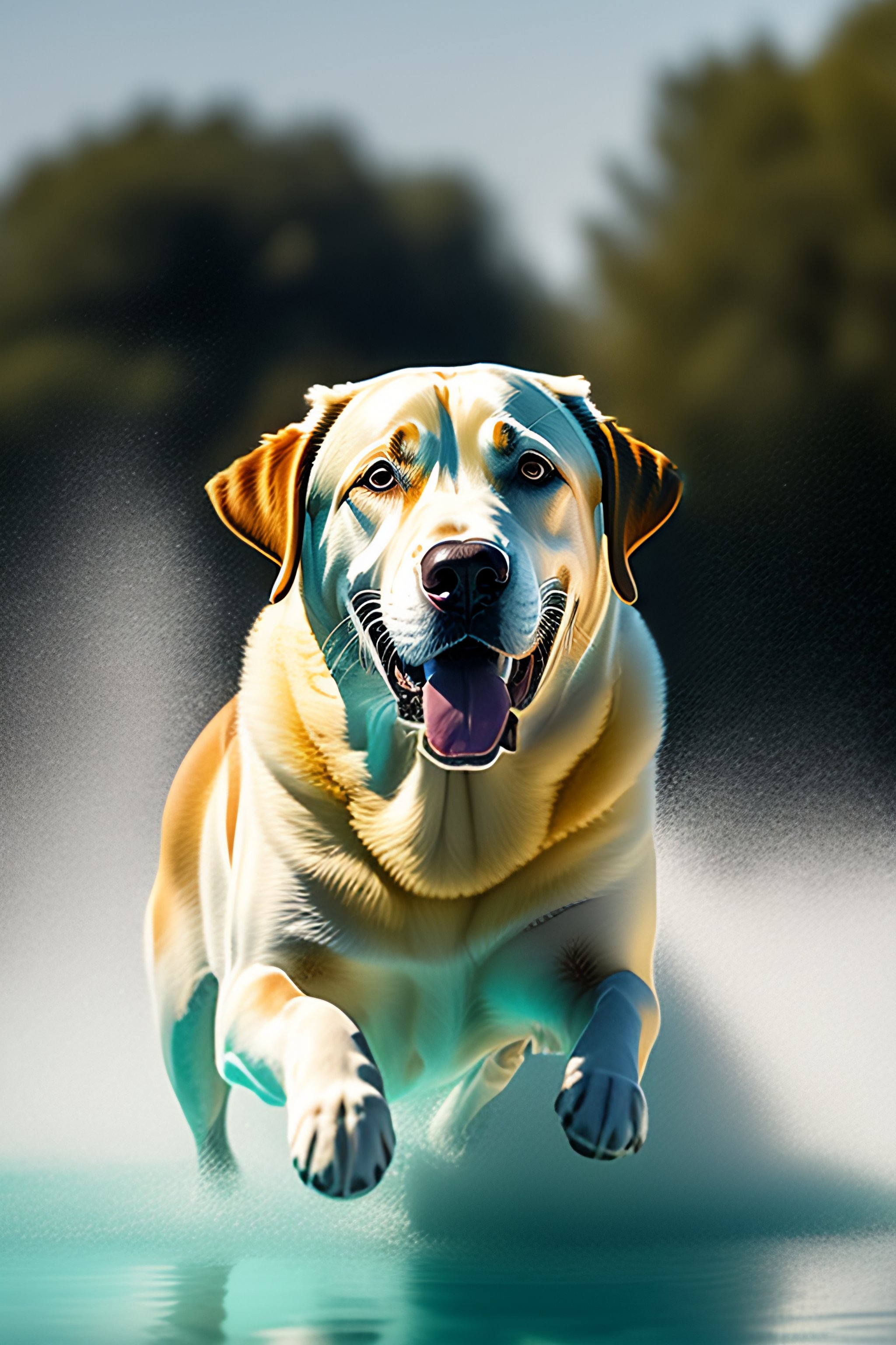 Lexica - Yellow lab jumping into a pool with an exciting face