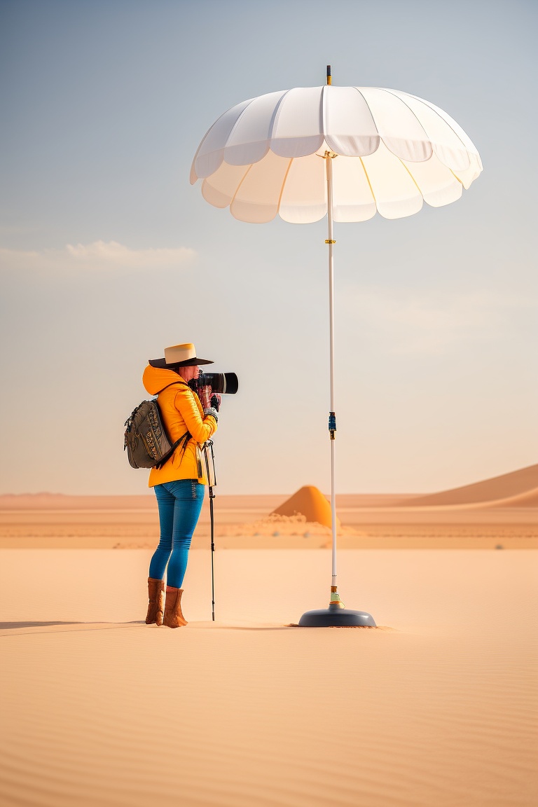 Lexica - A woman with a camera stands in the middle of the desert under a studio white umbrella ...