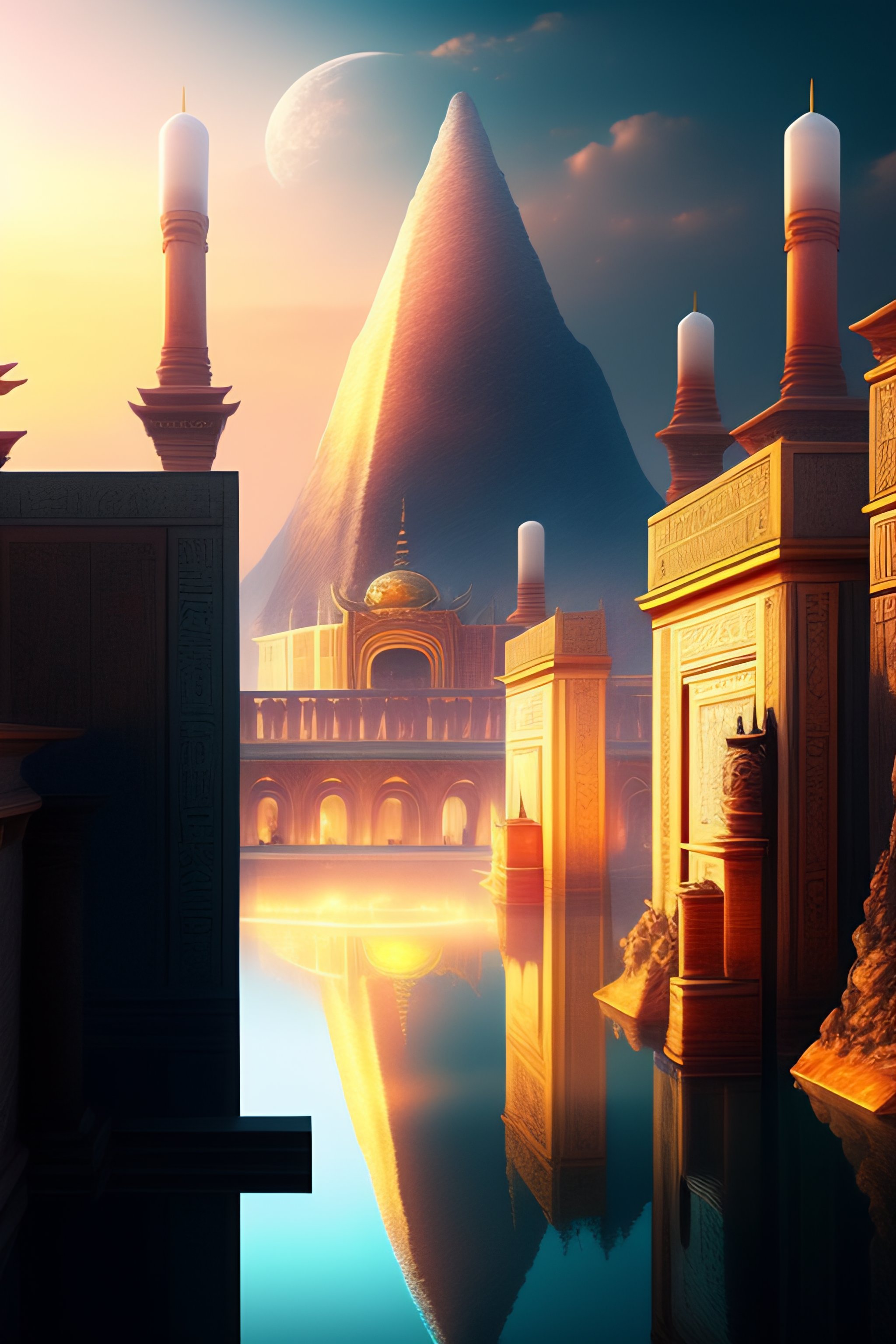 Lexica - A distant view of a single white glowing magical great pyramid ...