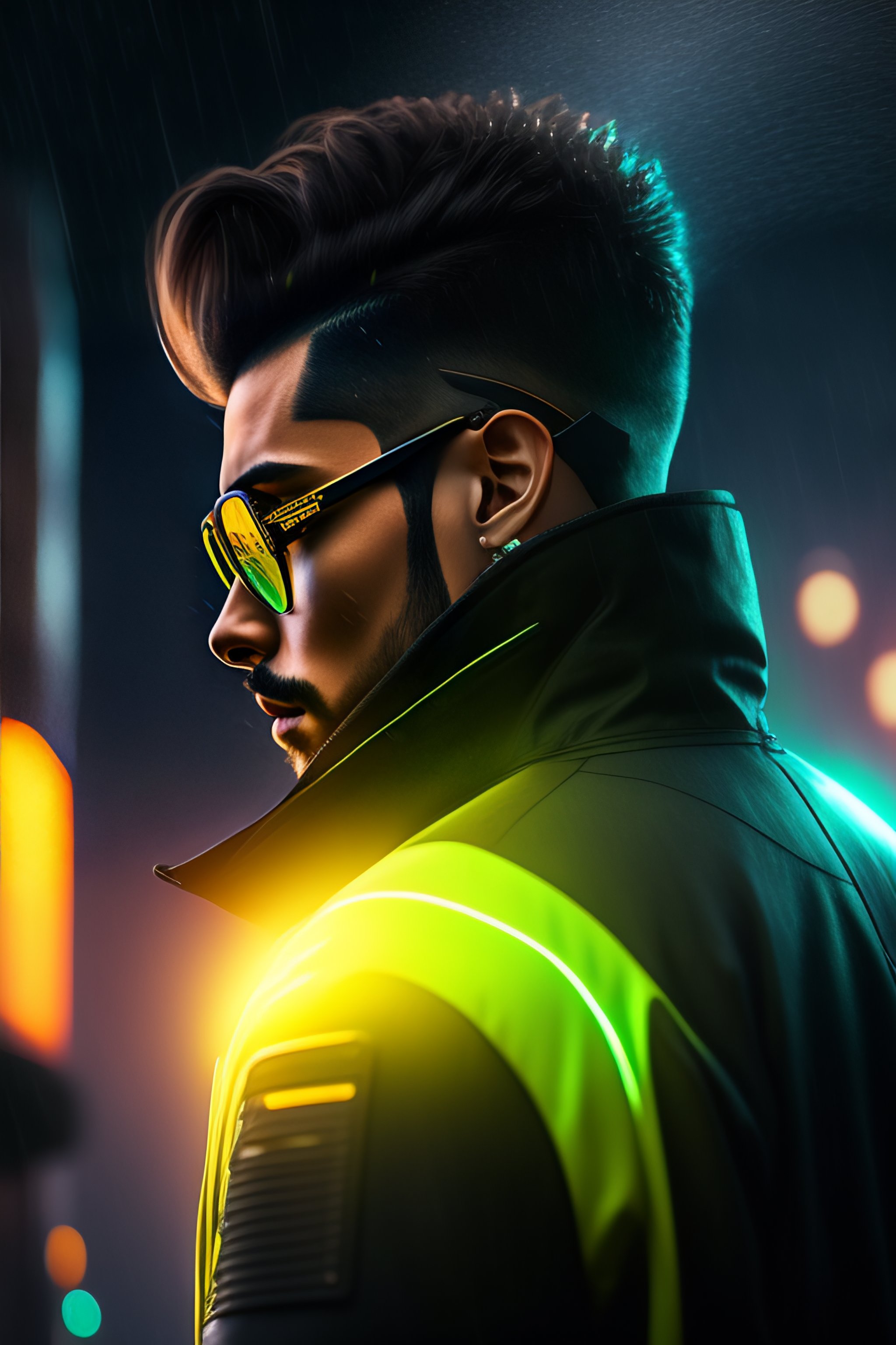 Lexica - Man with undercut hair in black tech suit charming with yellow ...