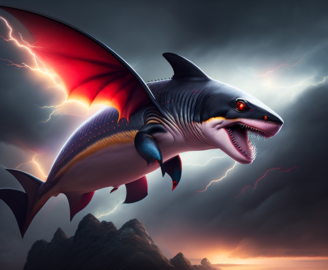 Lexica - A shark-headed dragon with sharp fangs and eyes, flying above ...