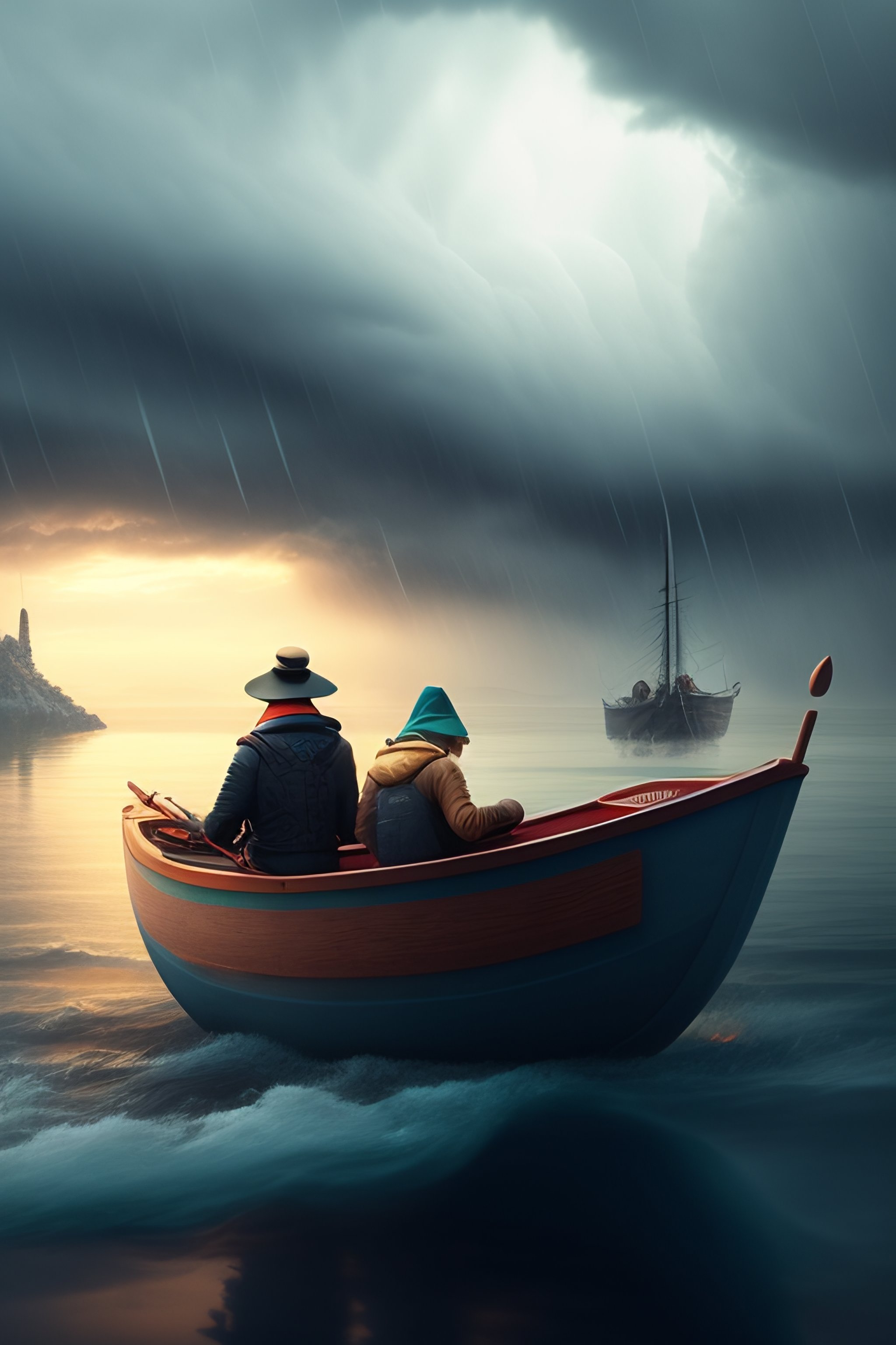 Lexica - Fishermen inside a small boat in a big storm scared, style, 3D ...