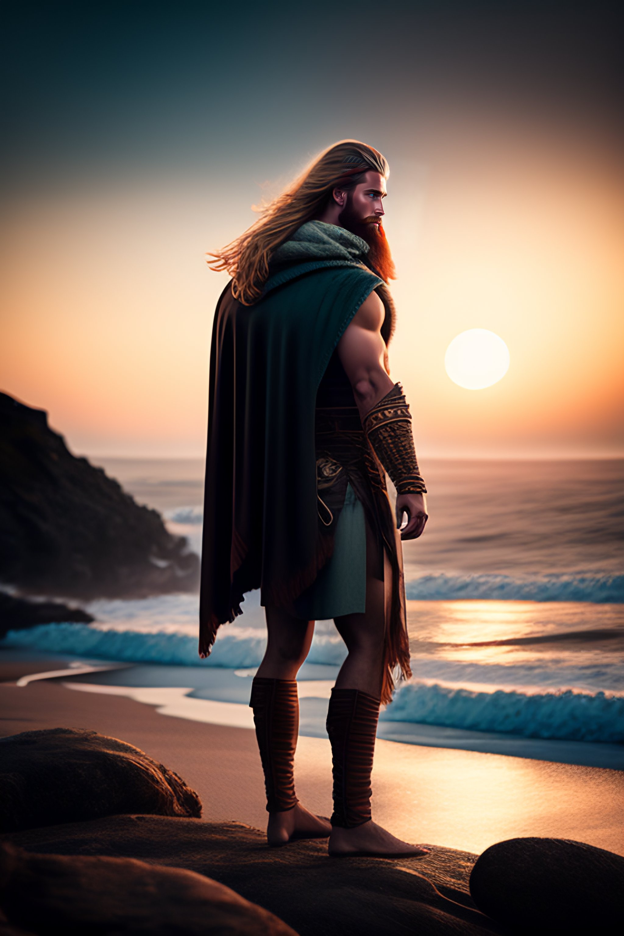 Lexica - Handsome viking hunk, blond, long hair, beard, looking at ...