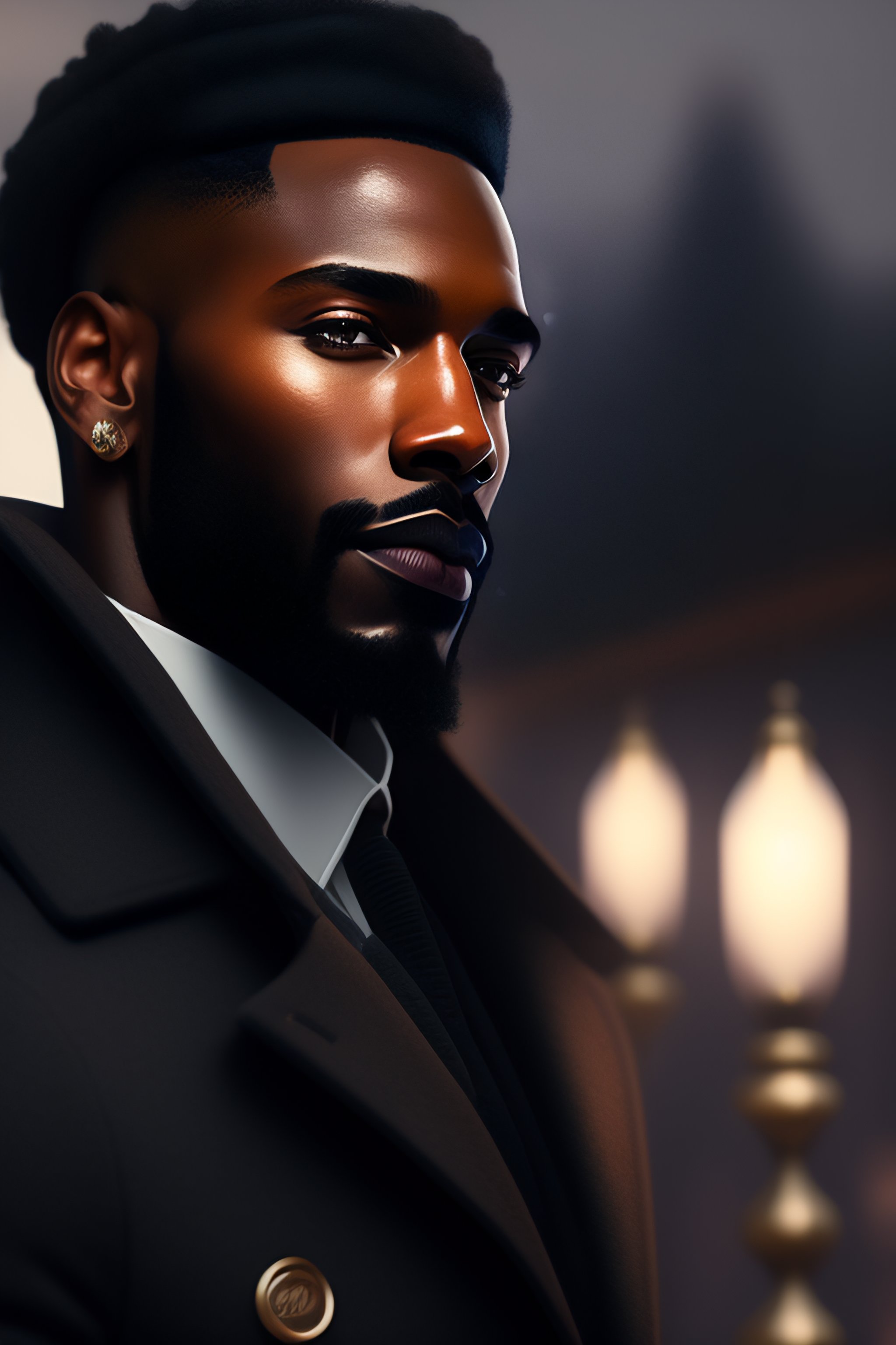 Lexica - Portrait of handsome black man wearing grey peacoat, luxury ...