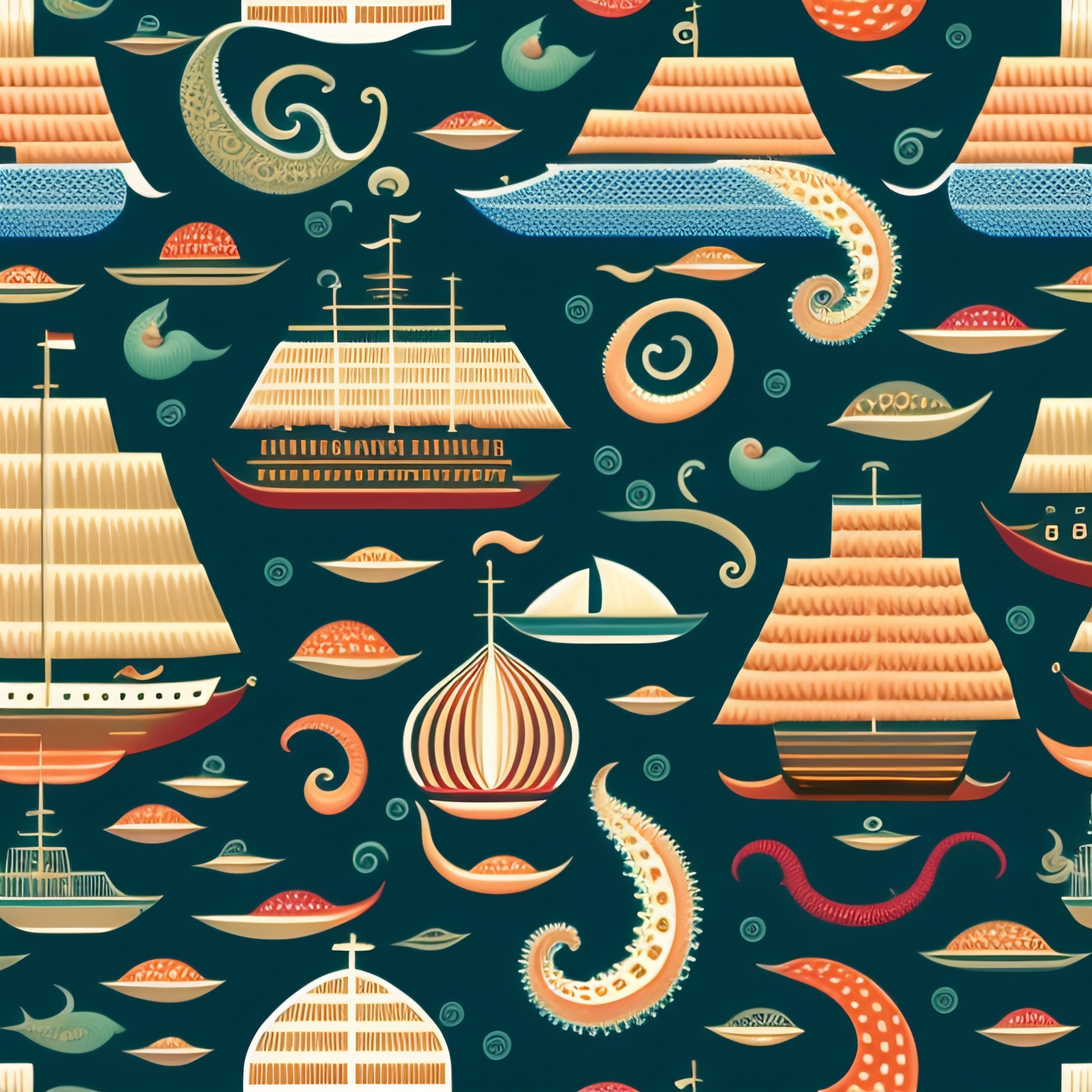 Lexica - Seamless pattern, kraken and sea creatures
