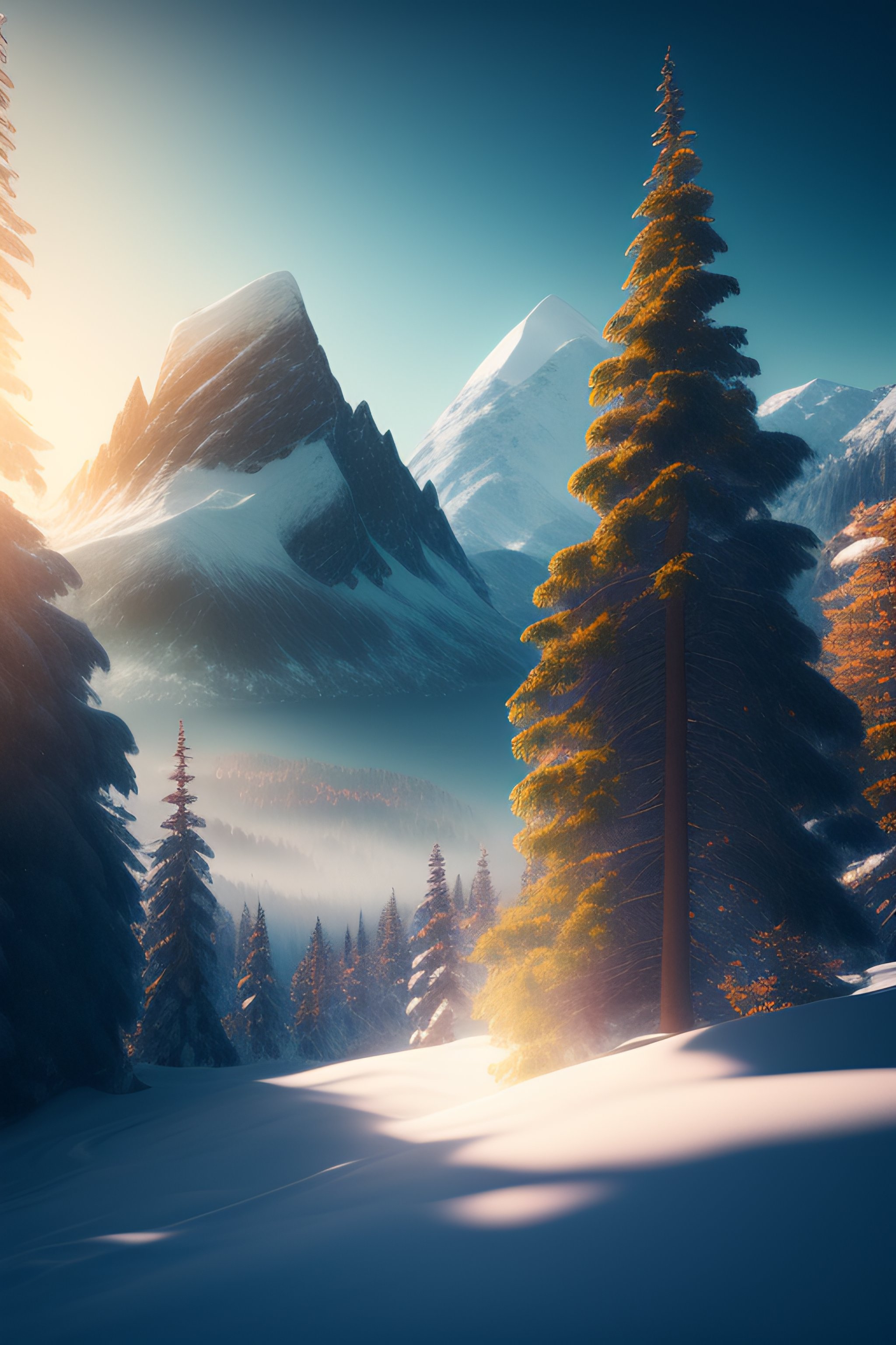 Lexica - Flare on snowy mountains, green forest background, sunny day ...