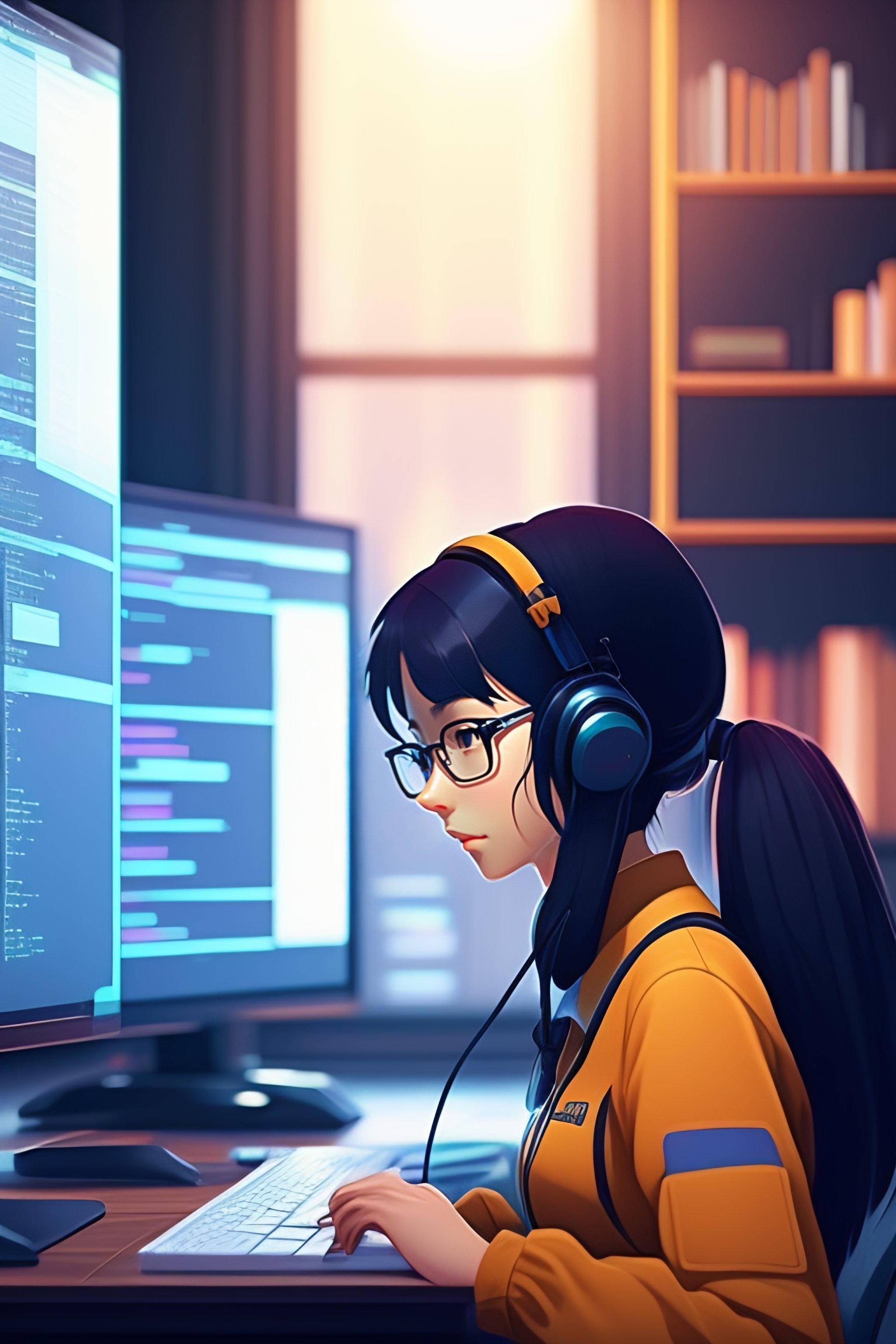 Lexica - A nerdy girl is programming at a computer in a room full of ...