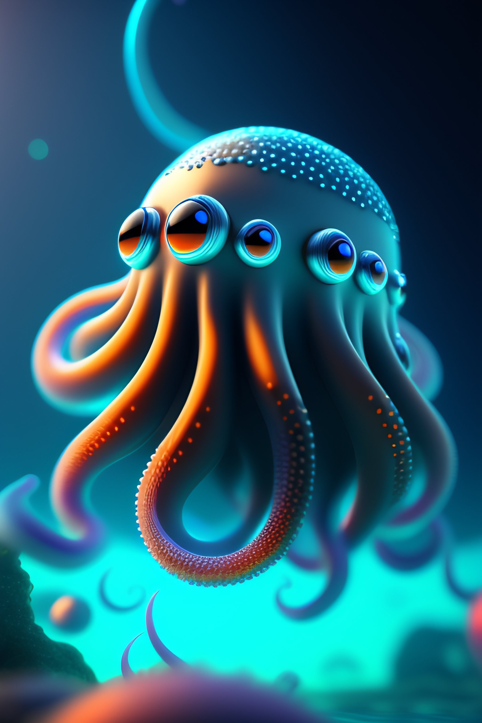 Lexica - 3D octopus monster with 3 white-light orbs for eyes, tentacles ...