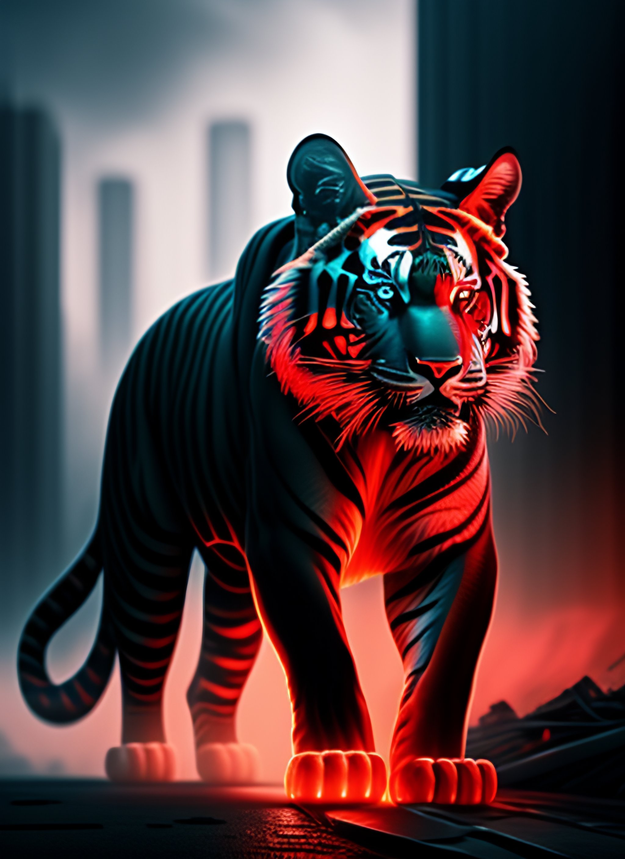 Lexica - Tiger humanoid, red lights, metropolis, cyber punk, destroyed ...