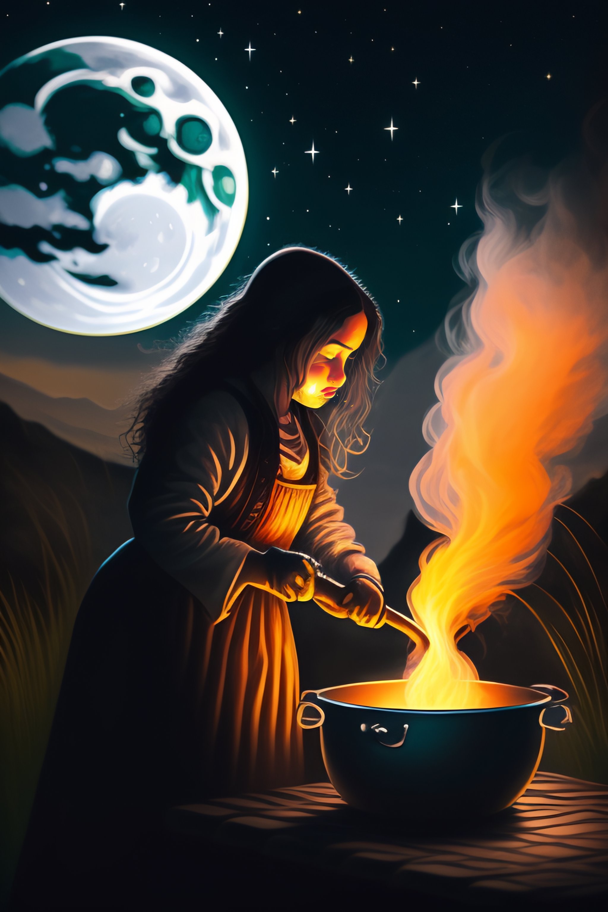 Lexica - A portrait illustration of a witch boiling a pot, scary ...