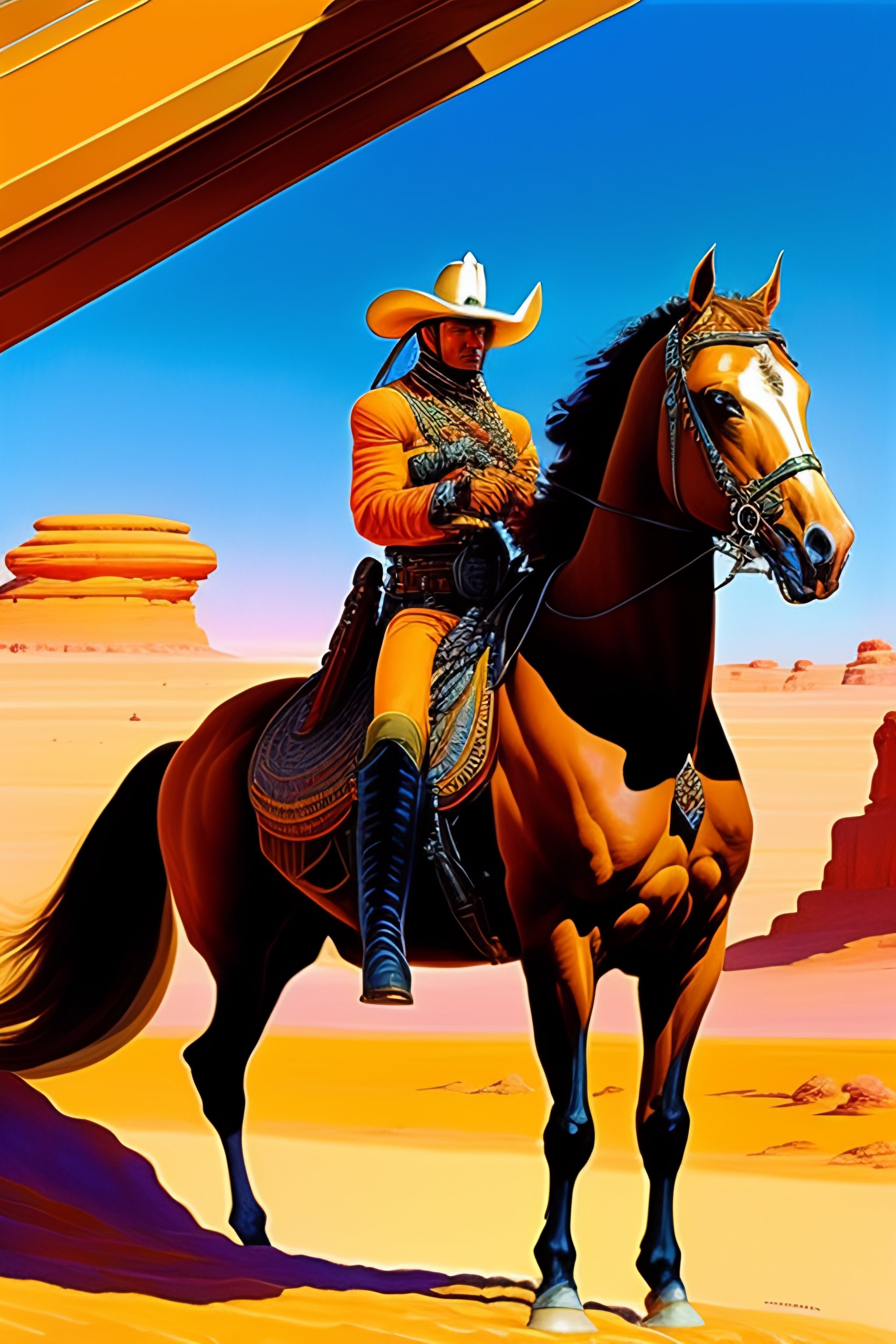 Lexica - Scifi cyborg mexican cowboy sitting on giant cyborg arabian ...