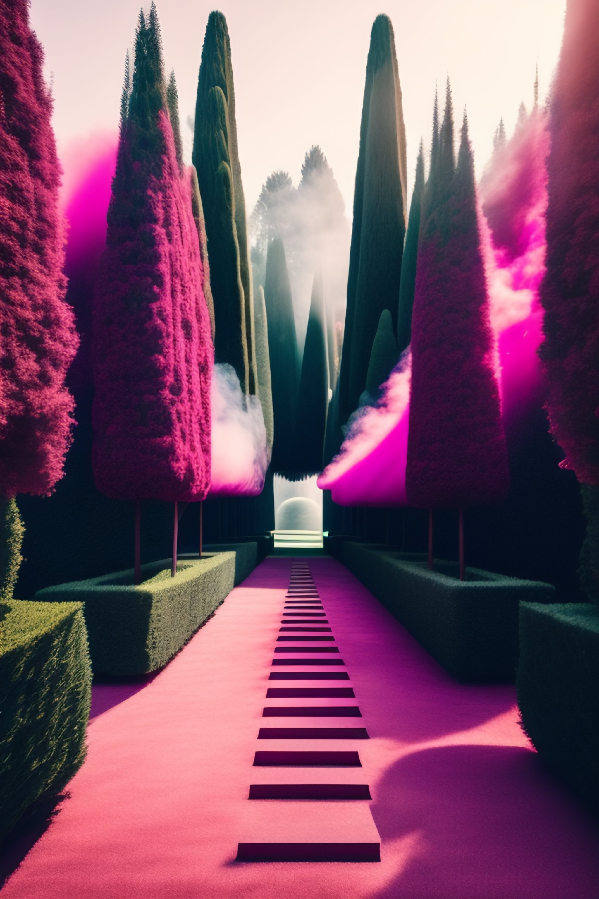 Lexica - Tall hedge maze, pink smoke, geometric, minimal, vintage, scary
