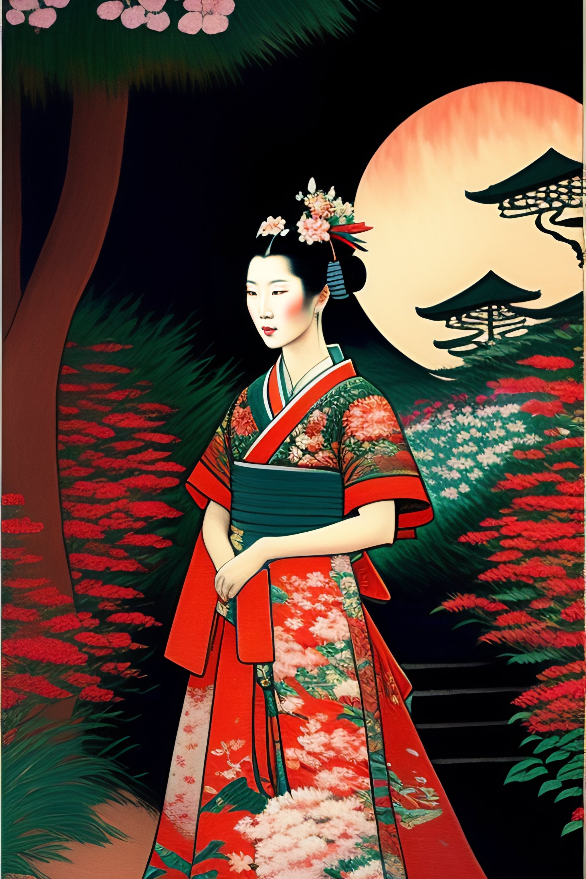 Lexica - Drawing of a geisha walking at sunset through a Japanese ...