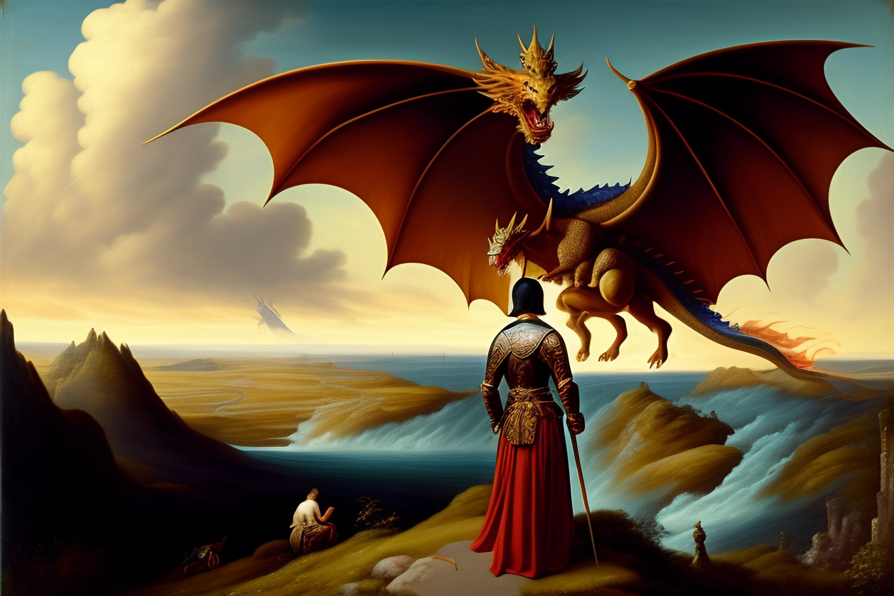 Lexica - Men kills dragon with sword in irish landscape, Renaissance ...