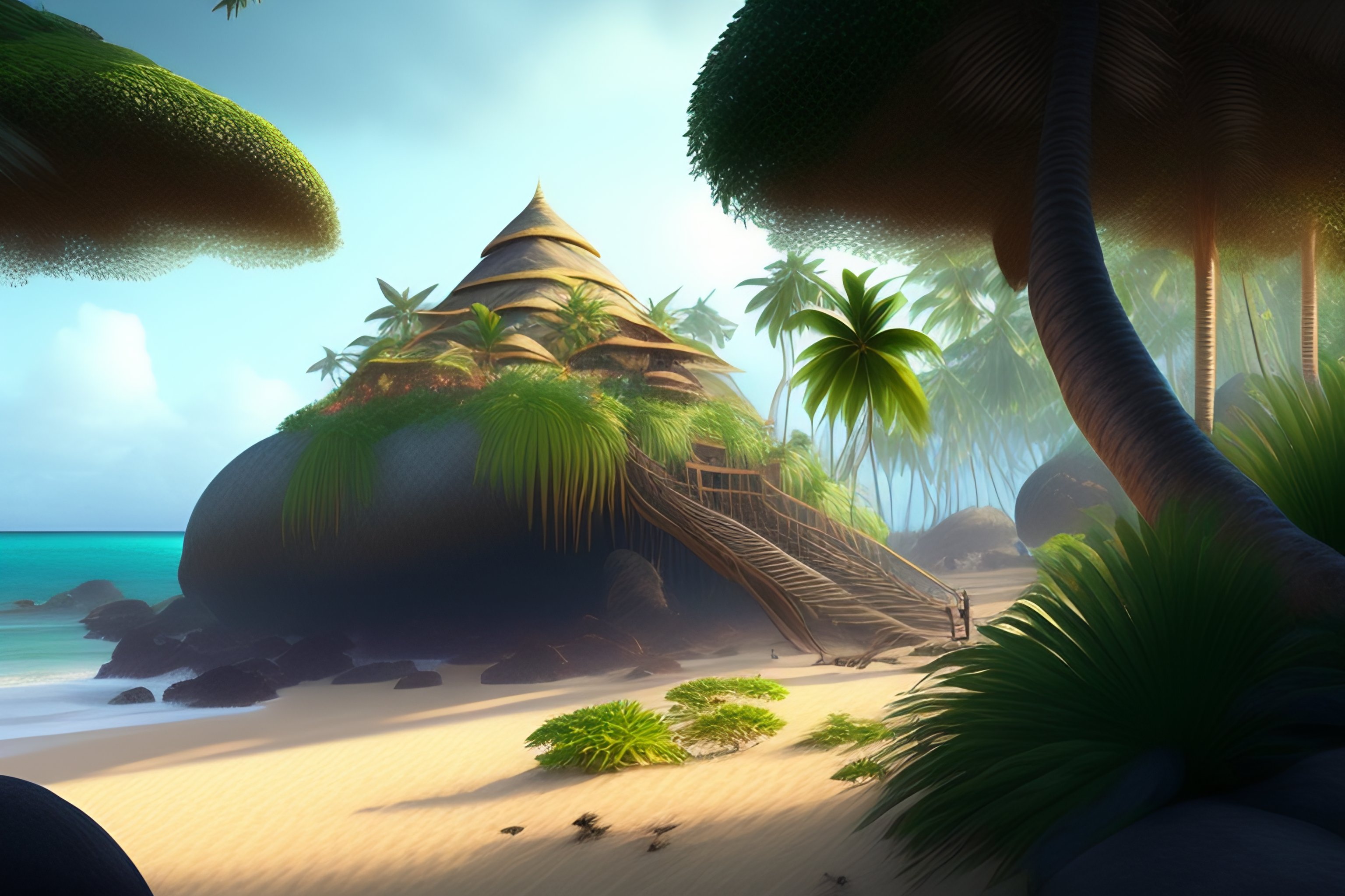 Lexica - Giant elven amerindian hut bamboo on tropical island beach ...