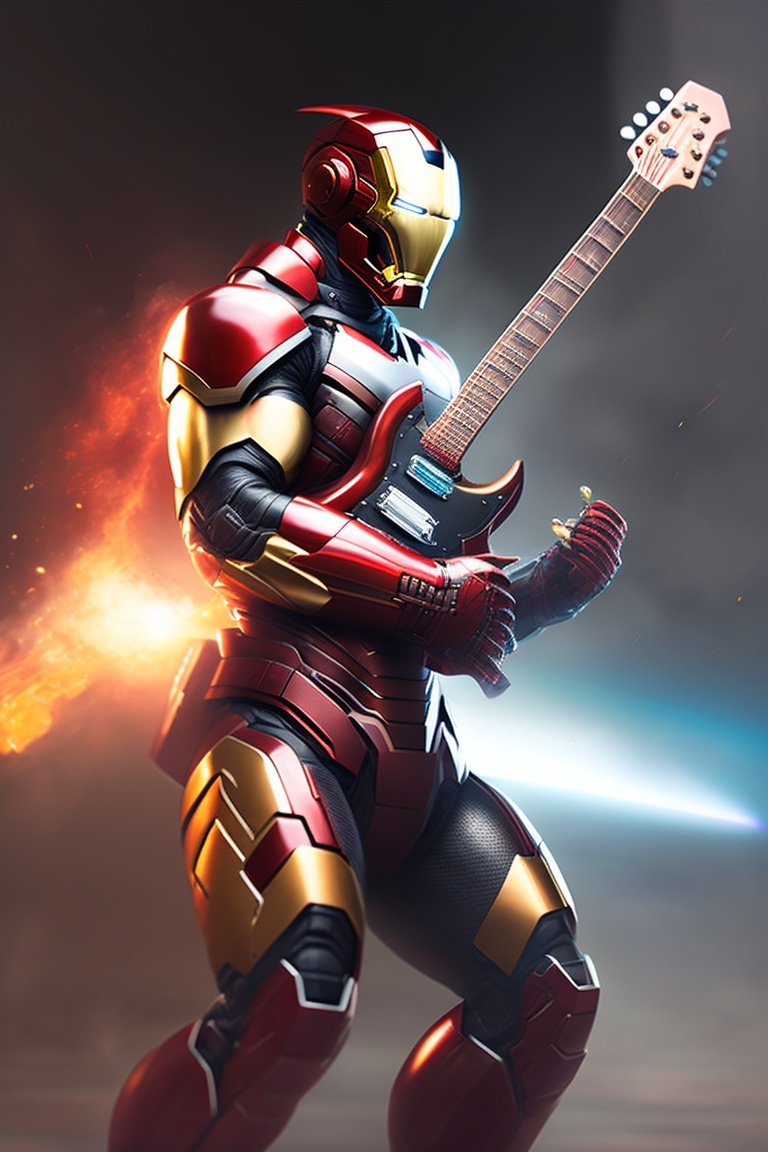 Lexica - Iron man, playing electric guitar, realistic image