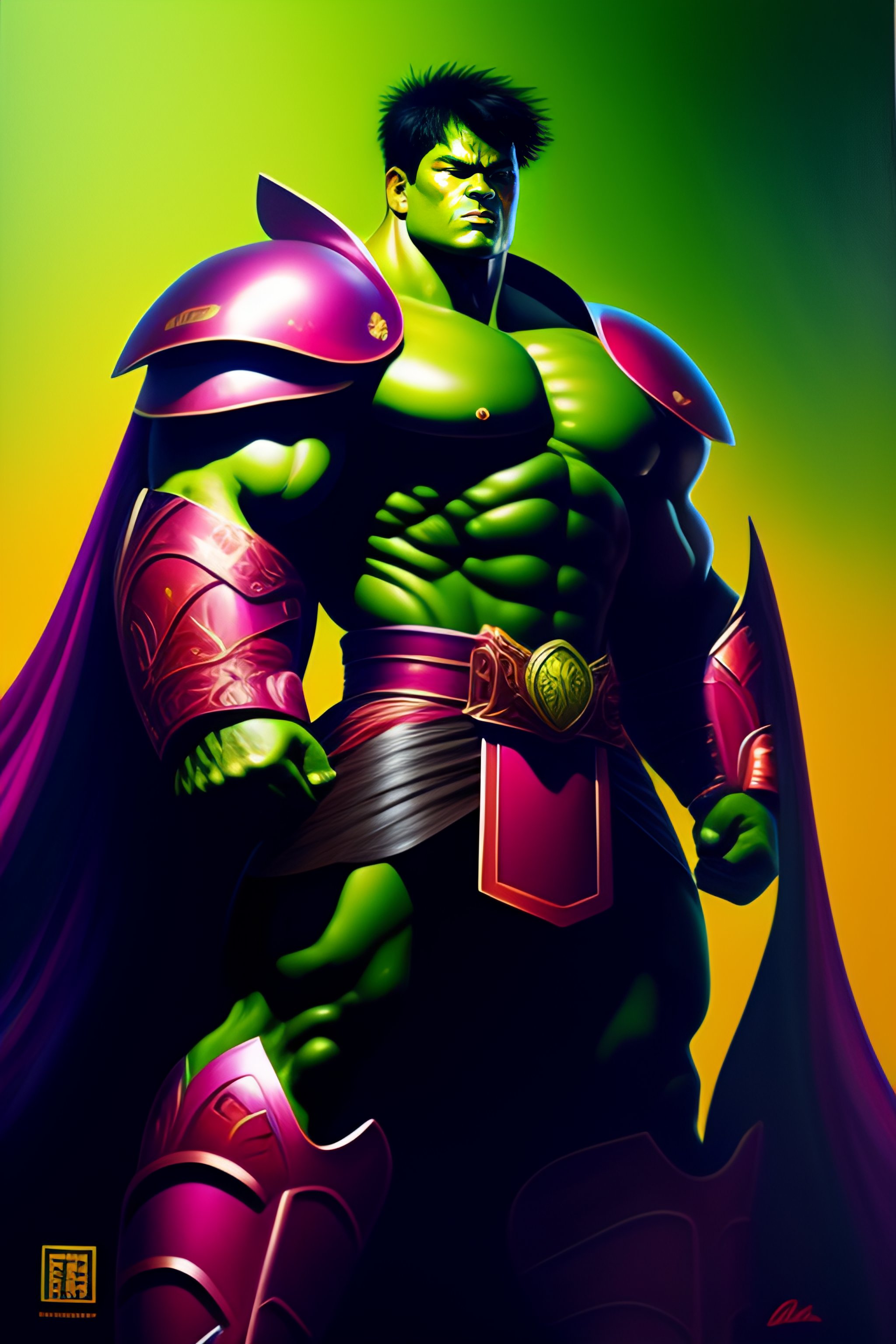 Lexica - Oil painting,hulk with samurai armor and cyber building ...