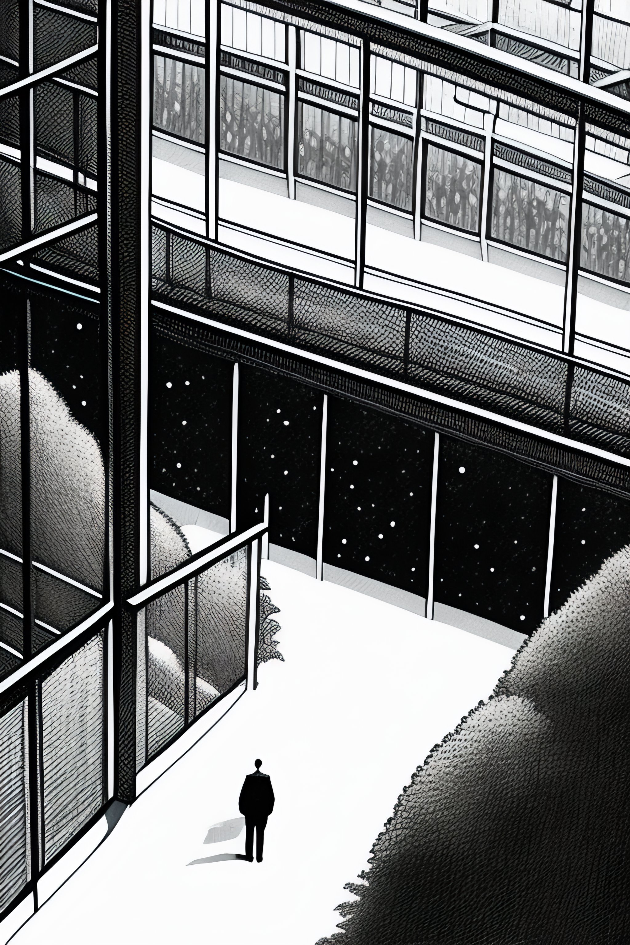 Lexica - A alone man. pen and ink ,birds eye view, Background space