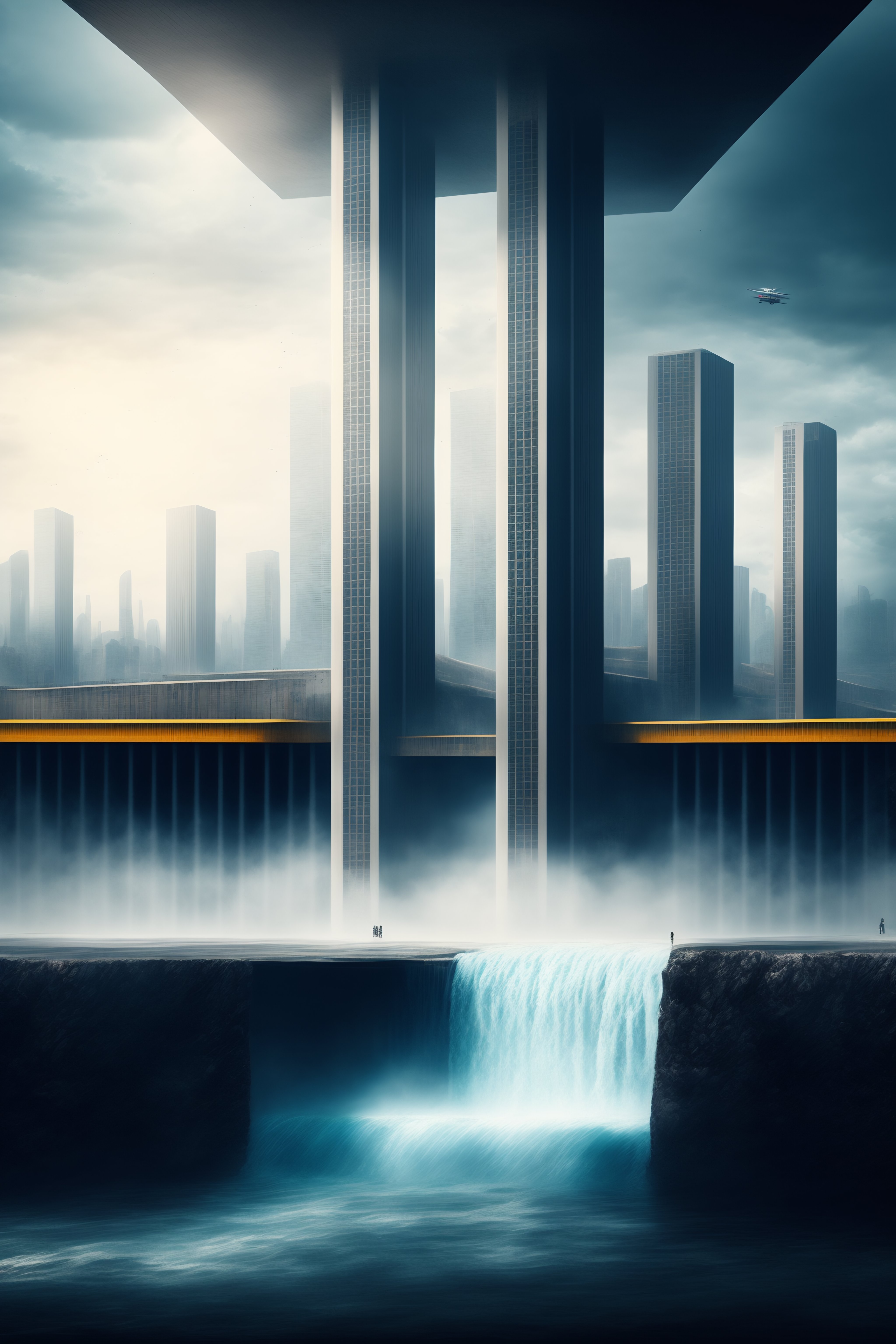Lexica - Dam cracked by small robots, flooding, office skyscrapers ...