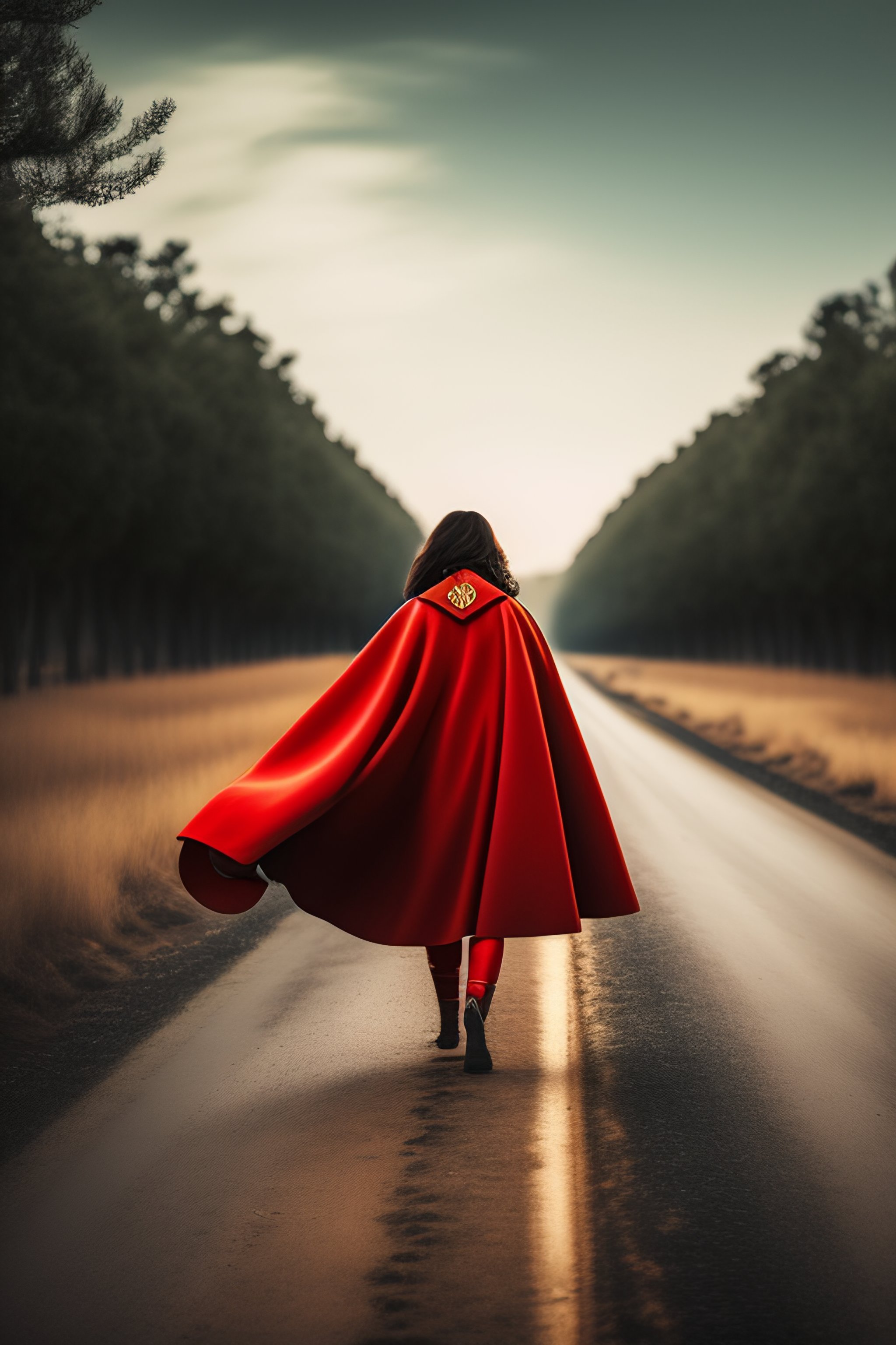 Lexica - Photo from the back of a superwoman wearing a cape walking on ...