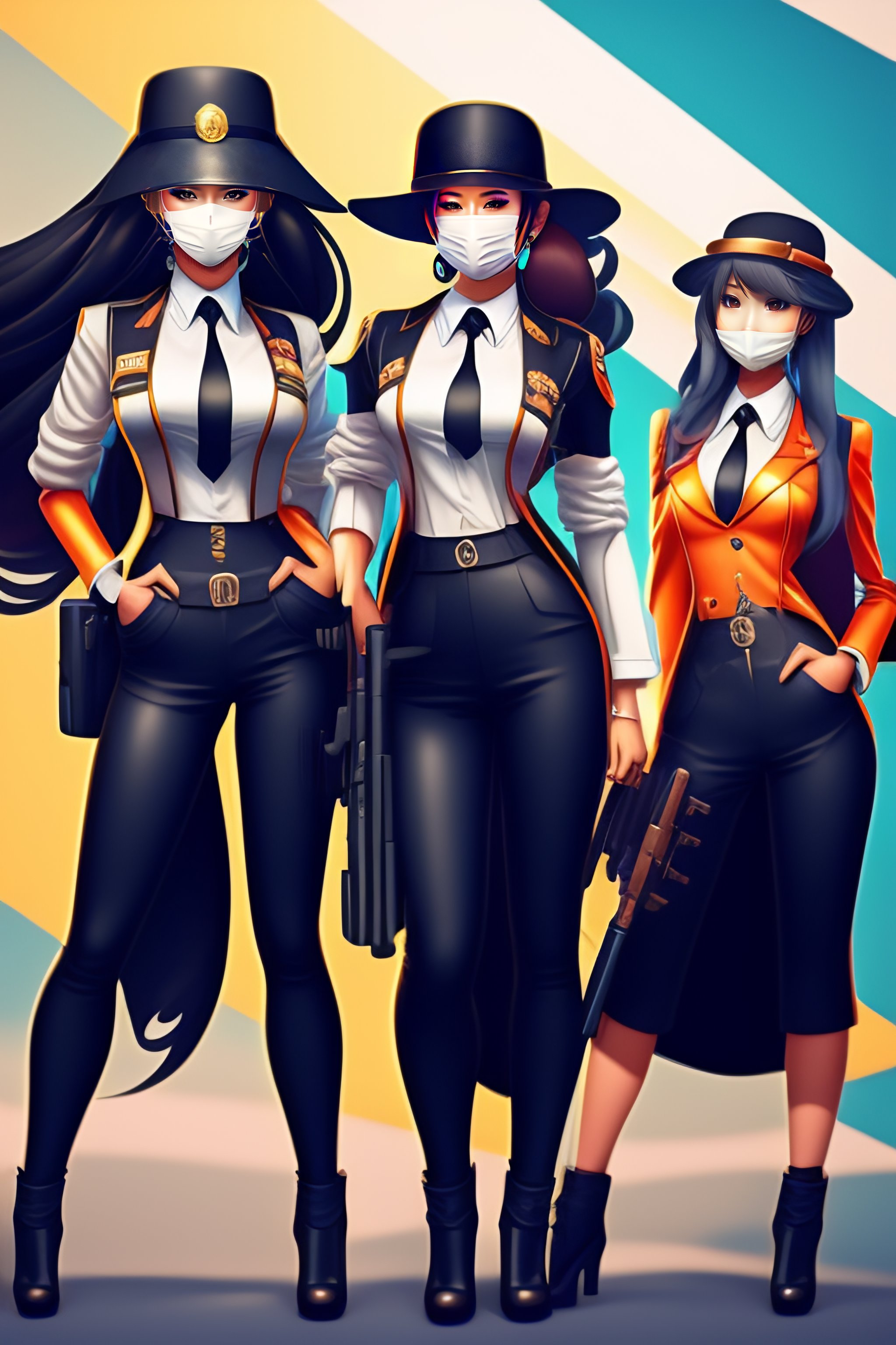 Lexica - Bankrobber anime girls in a group with suit, masks and guns ...