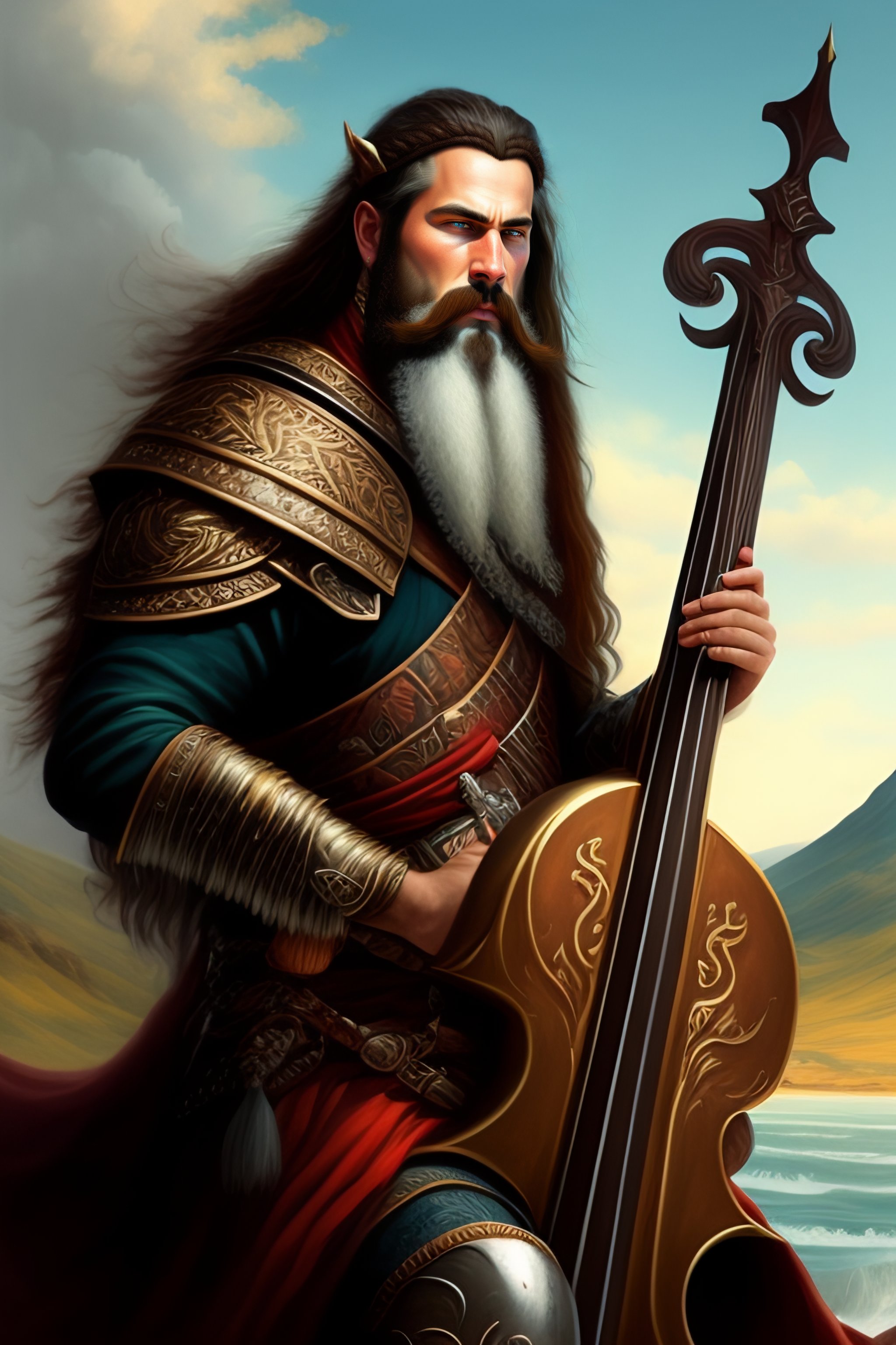 Lexica - Male skald playing war horn, fantasy art