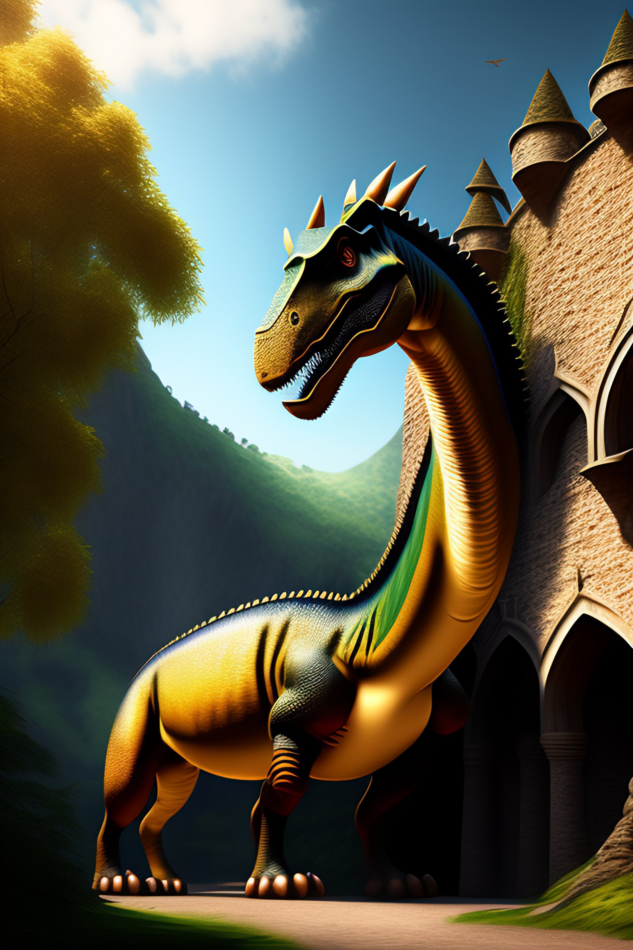 Lexica - Dinosaur in a medieval castle photorealistic style