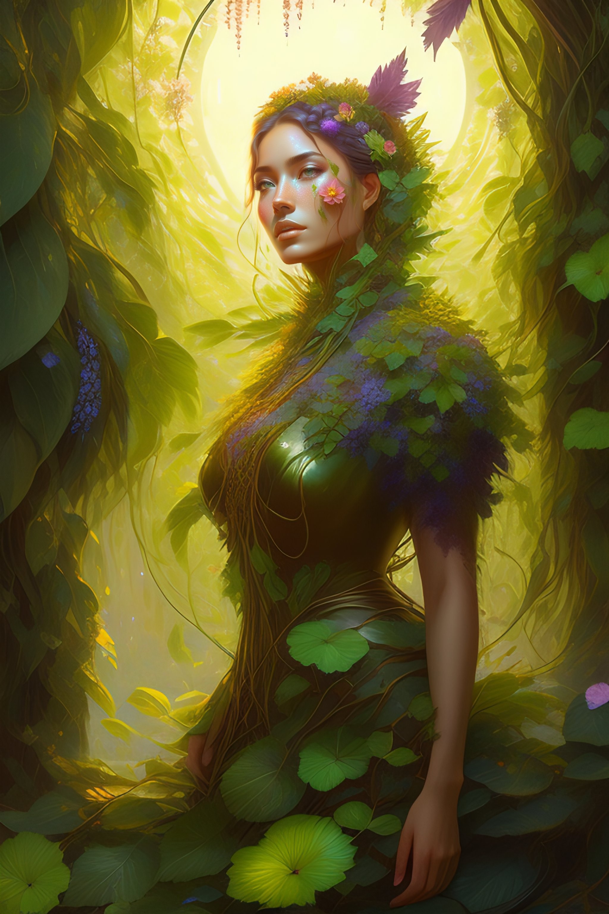 Lexica - Organic cyborg beauty portrait overgrowth, flower ivy splash ...