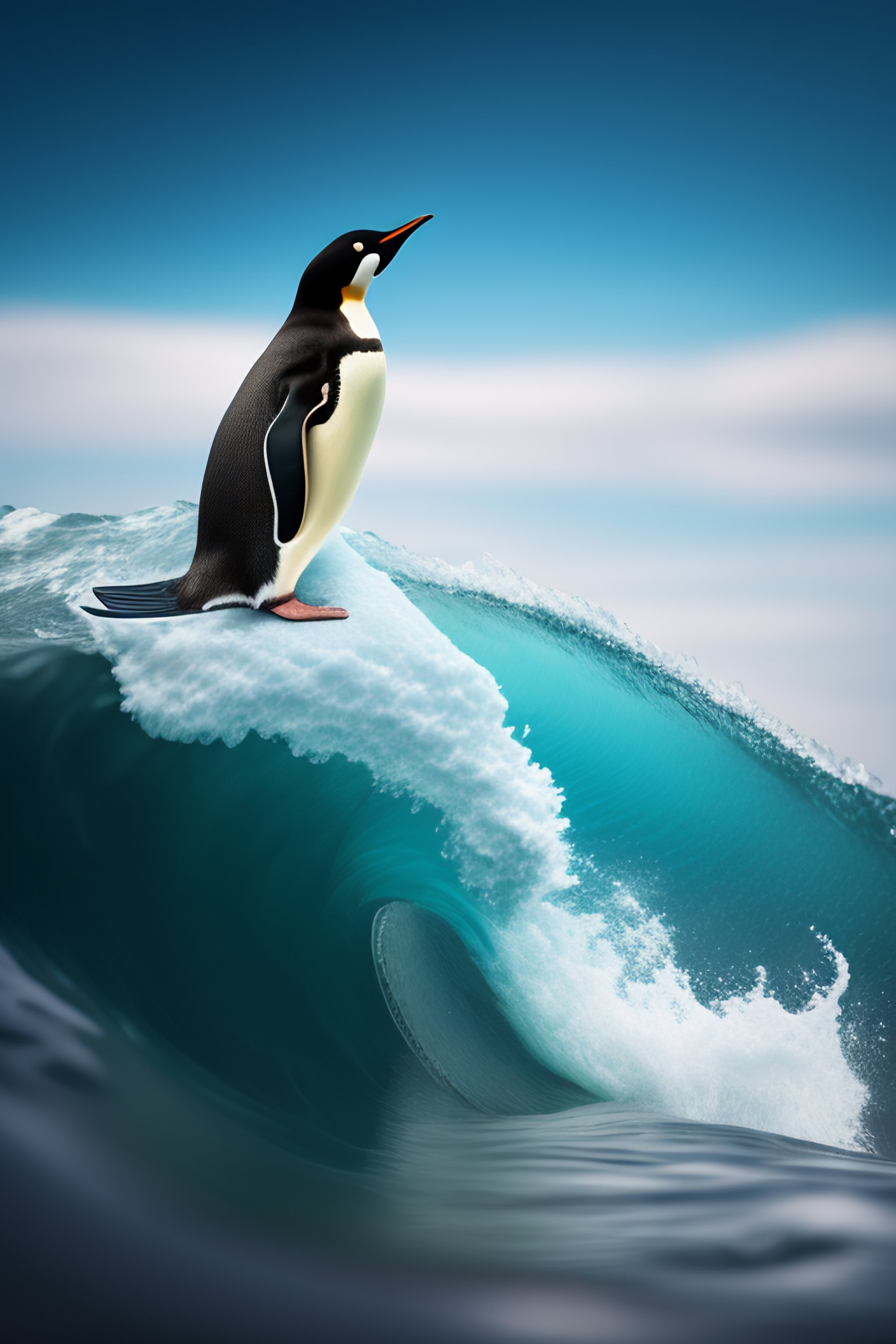 Lexica - Penguin surfing in the sea, realistic, 8k resolution