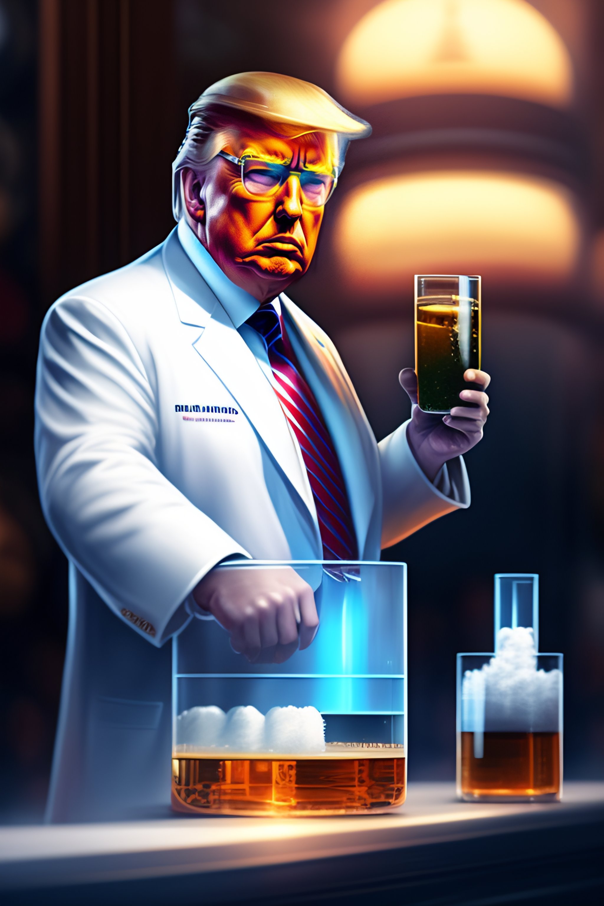 Lexica - Donald Trump holds a ehrlenmeyer flask at eye level, wearing a ...