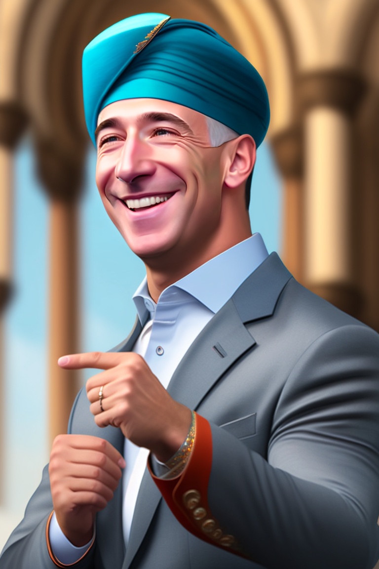 Lexica - Jeff Bezos smiling pointing his finger to the sky wearing ...
