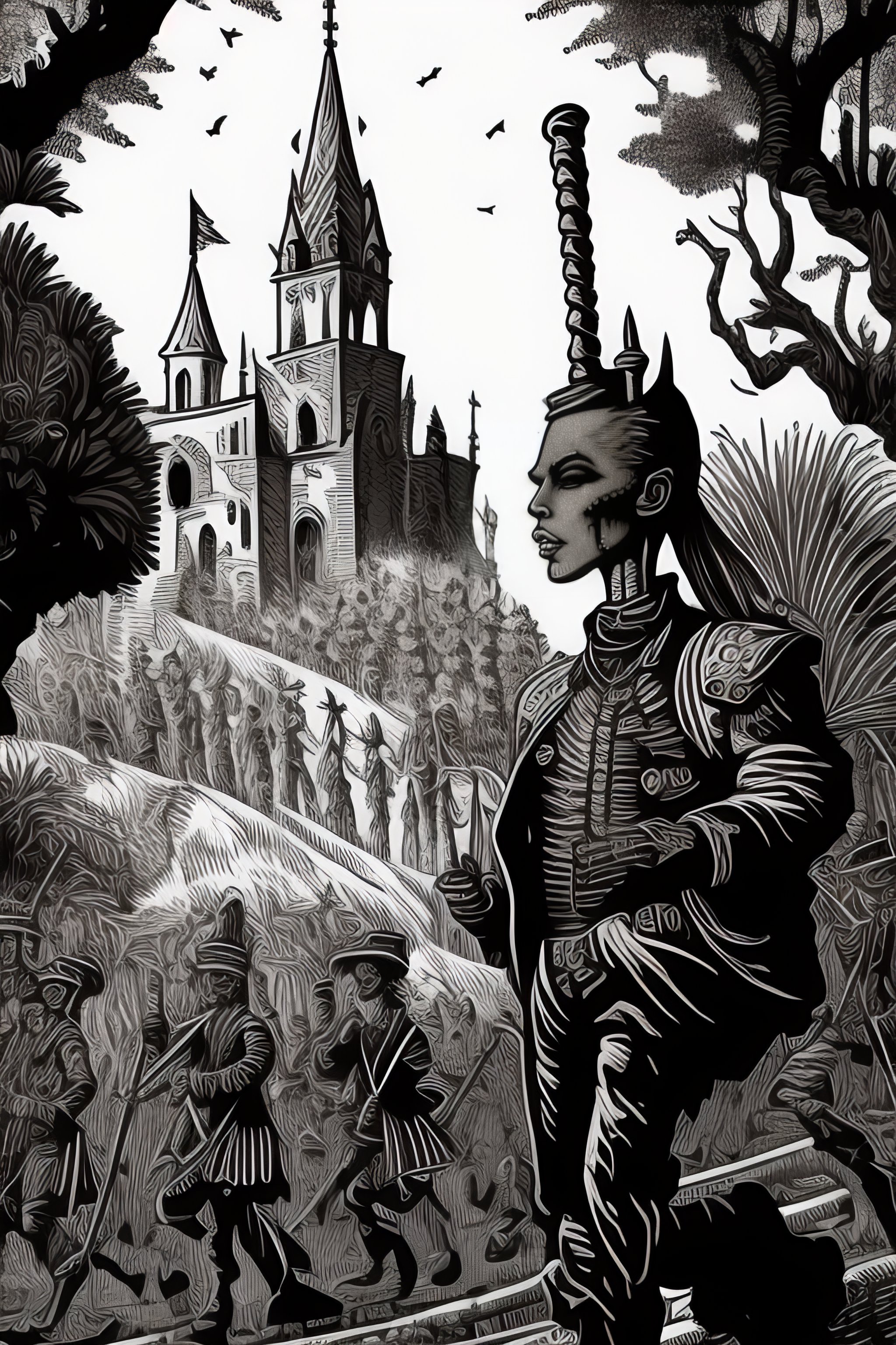 Lexica - Voodoo zombies marching towards a castle, lino print, black ...