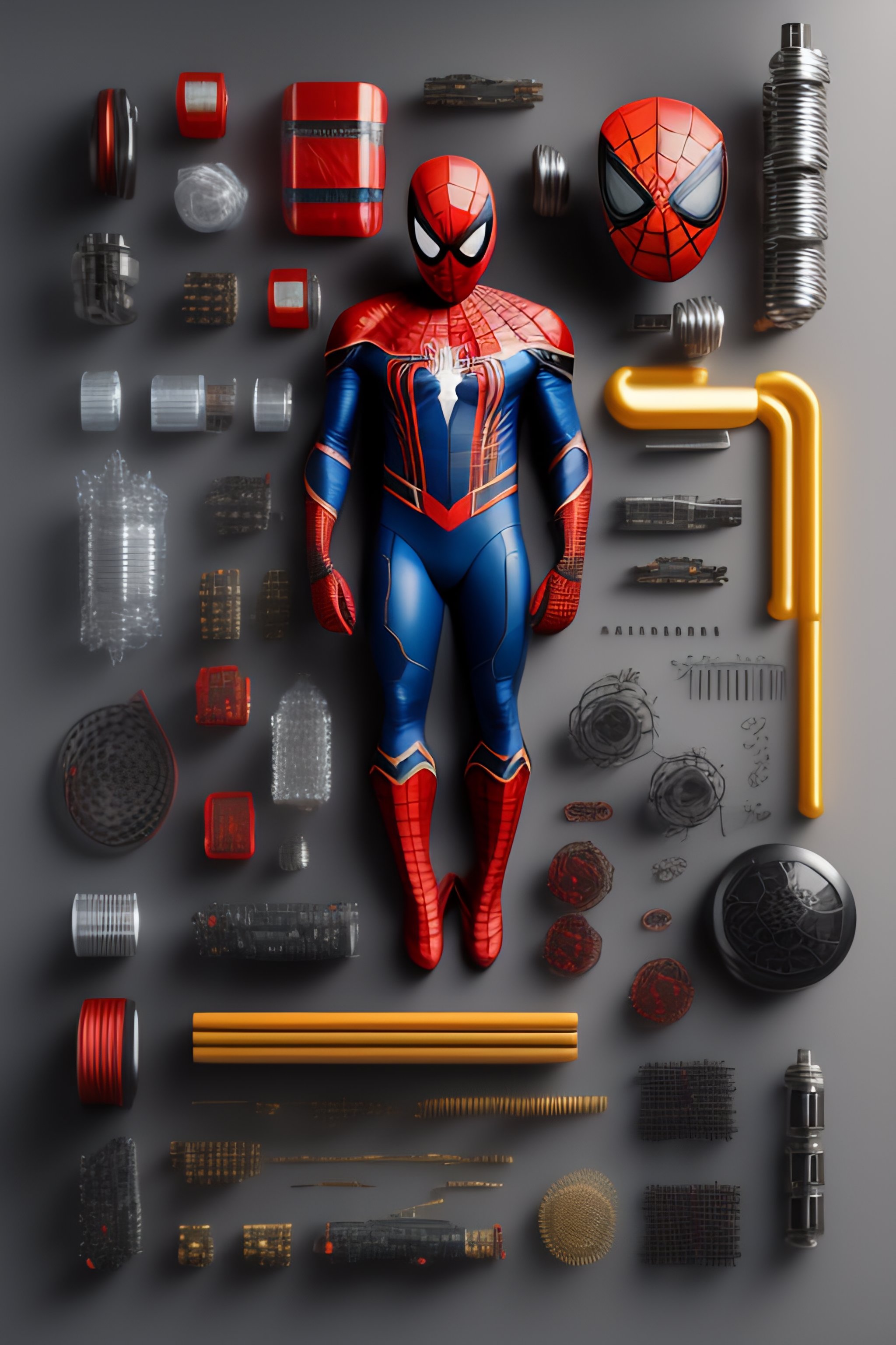 Lexica - Spiderman suit, Costumes and mechanical parts, Knolling ...