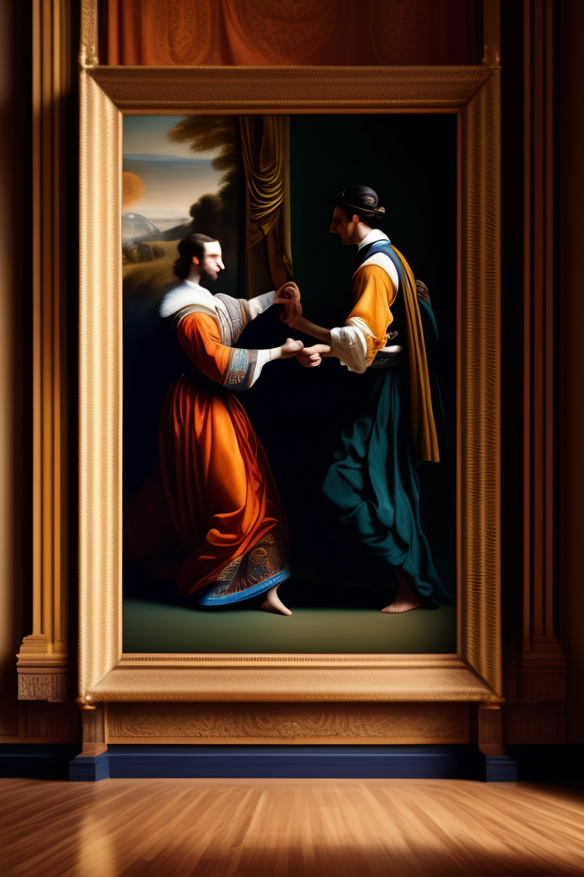 Lexica - Two men dancing in a tapestry room, as in vermeer